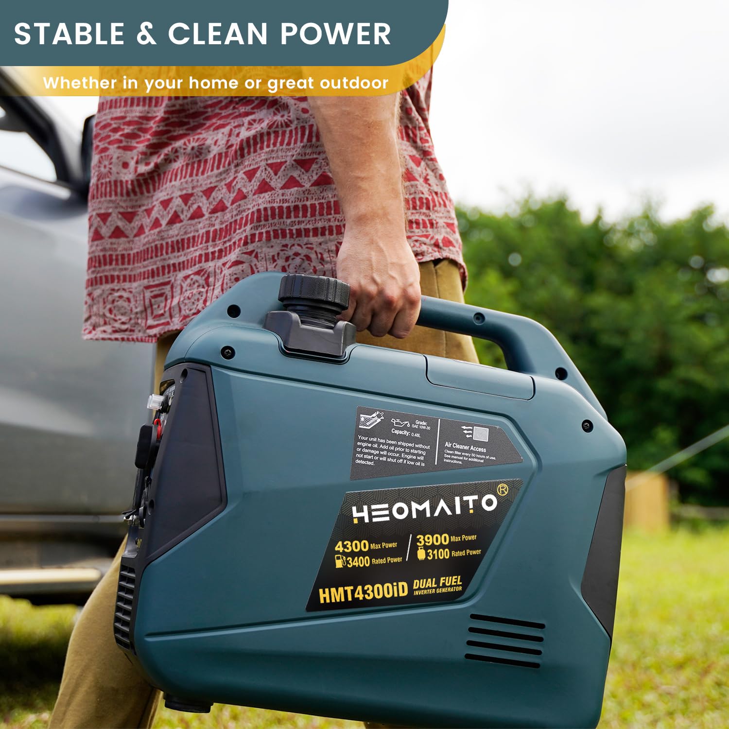 HEOMAITO Dual Fuel Portable Inverter Generator 4300W Gas & Propane Powered, Ultra Quiet Lightweight with CO Sensor Digital Dispaly Parallel Capability EPA Compliant for Camping RV Backup Home Use