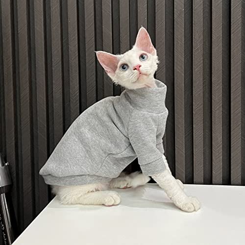 Sphynx Hairless Cat Clothes Autumn Thicken Soft Turtleneck Hoodies Solid Color Cotton Pullover Cat Sweatshirt Pet Clothes (XL(8.8-11lbs), Grey)