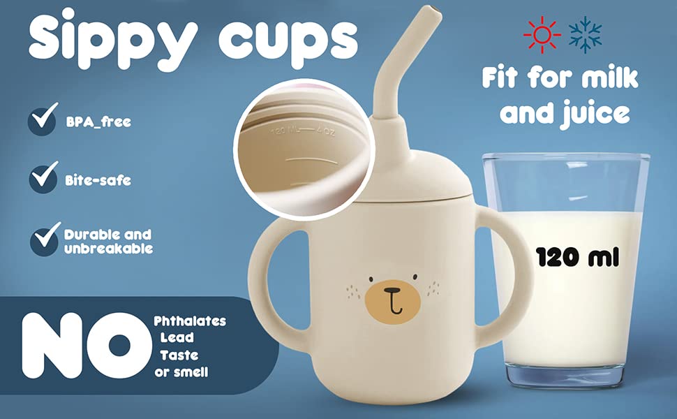 KIDSco. Silicone Baby Cup with Straw - Sippy Cup for 1 Year Old - Unbreakable Toddler Cups Spill proof - 100% Silicone Training Cup for Infants+toddlers - Sippy Cup with Handles (Bear)