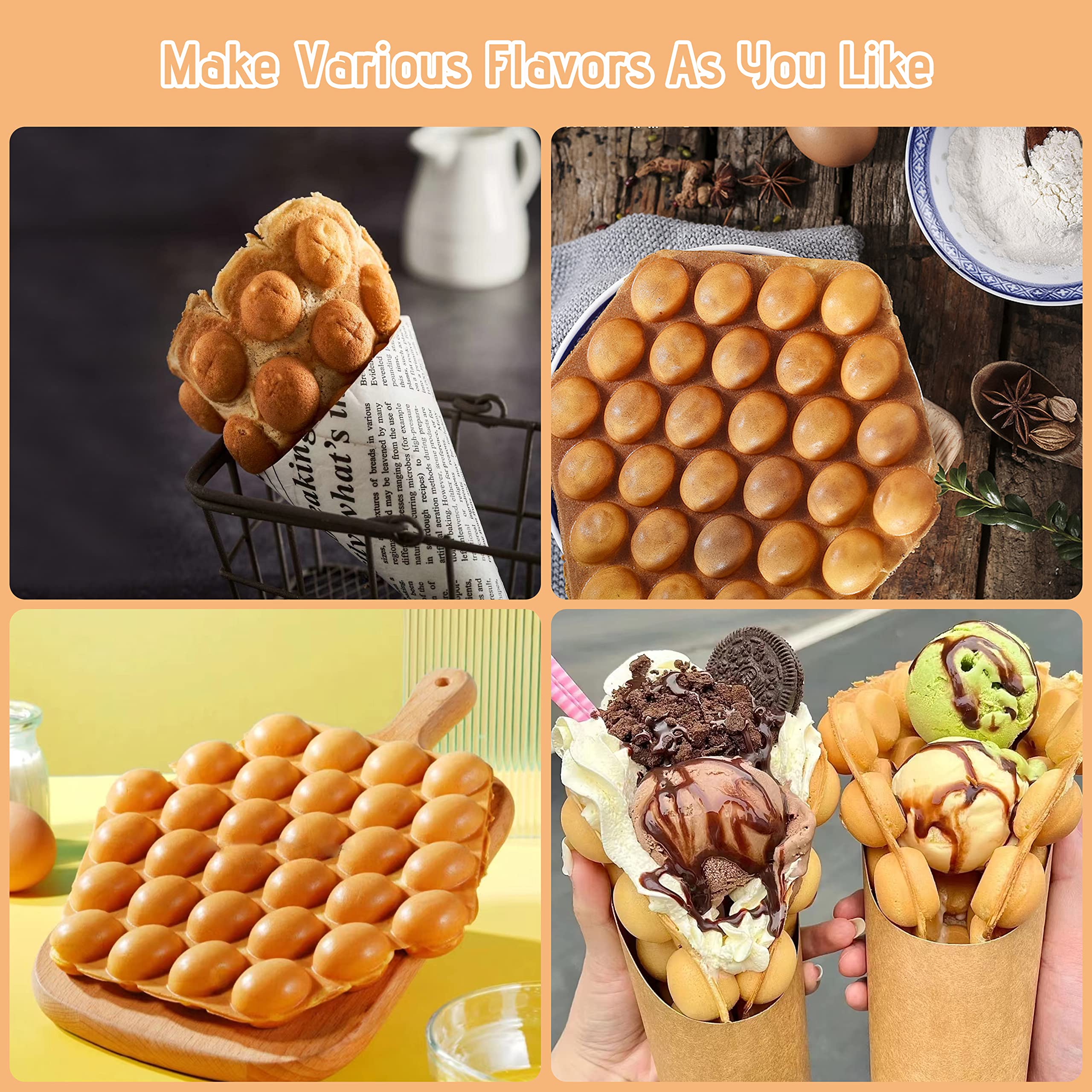 FineMade Compact Bubble Waffle Maker Machine with 10 Cardboard Cones, Electric Non Stick Hong Kong Egg Waffle Maker Iron, Recipe Included