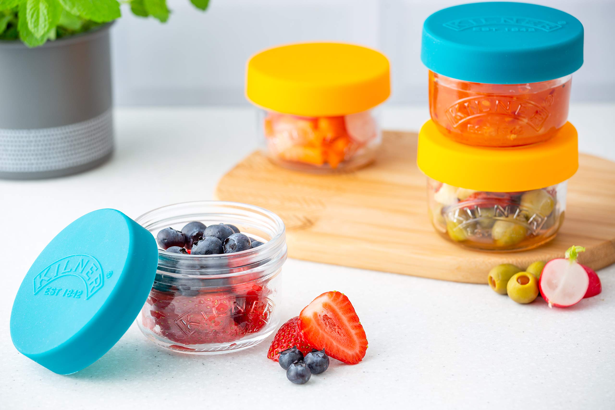 Kilner 0.125L Set of 2 Glass Store Pots 125ml with Push Top Silicone Lids | Perfect for Snacks & Food Storage, Clear, Blue and Yellow