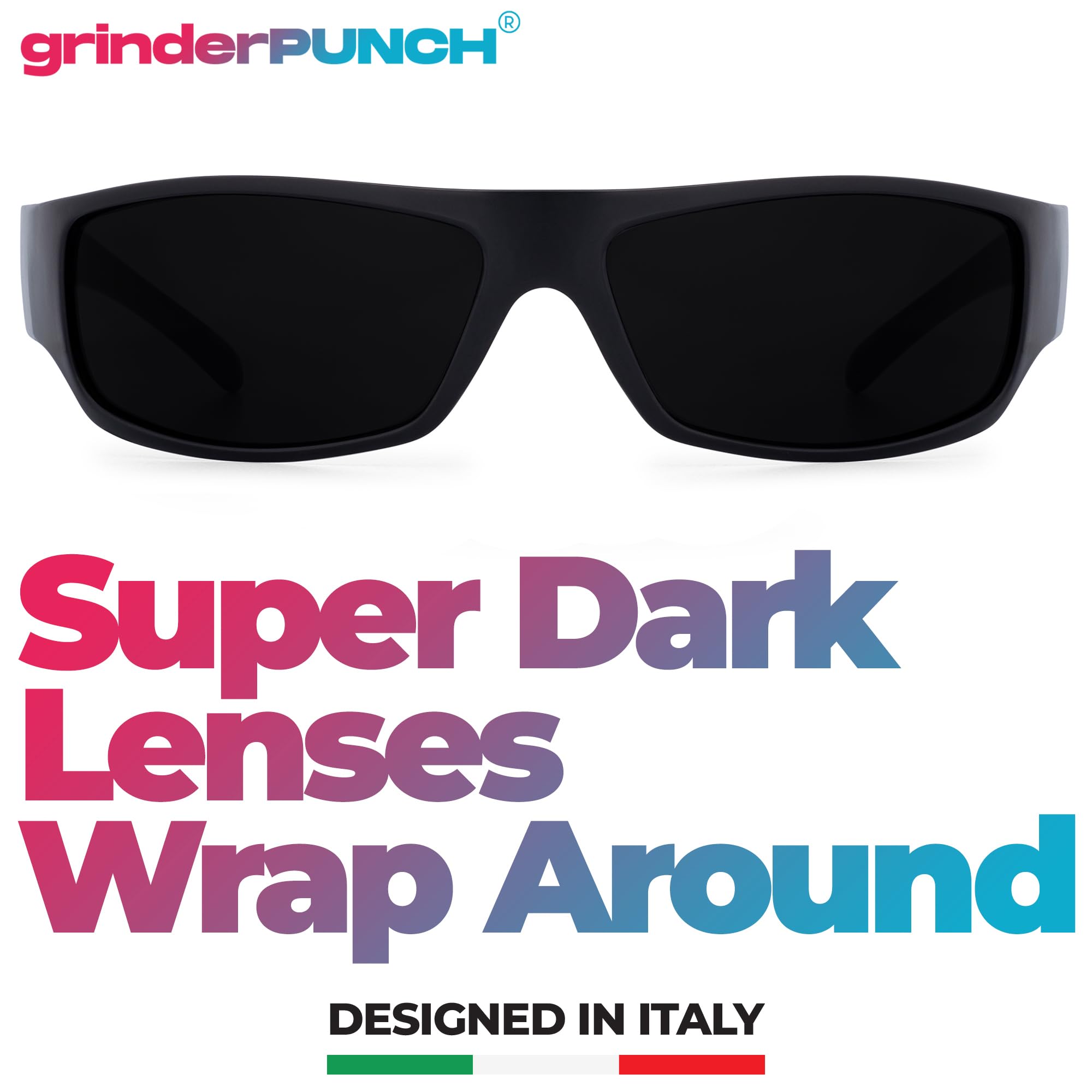 grinderPUNCH Mens Black Super Dark Sunglasses - Slim Wrap Around Gangster Style (Matte Black)