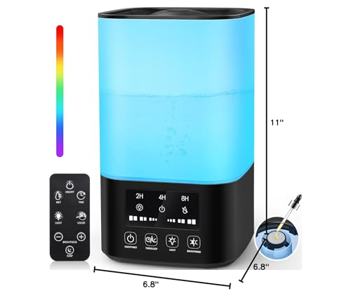 Humidifiers for Bedroom, Cool Mist Humidifiers for Large Room, 3L Top Fill Humidifiers for Home Baby Nursery, Remote Control, 360°Nozzle, Auto Shut-Off, Sleep Mode, 3 Mist Levels, Nightlight, Timer