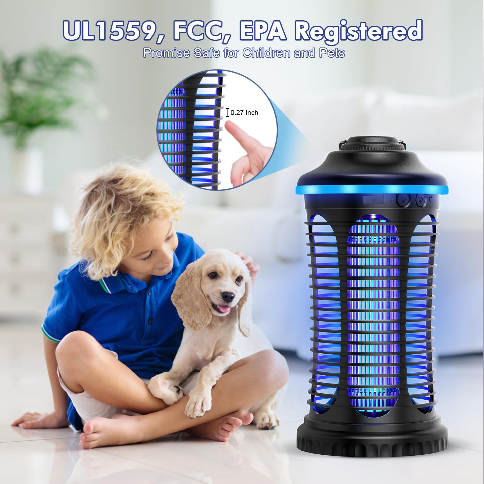 HumiLife Rechargeable Bug Zapper Outdoor & Indoor, Mosquito Fruit Fly Trap, Gnat Moths Catcher, 4200V Grid, USB Charging, 4000mAh Battery, Fit for Home, Kitchen, Backyard, Camping, Patio, Black