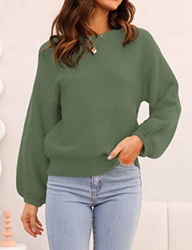 ZESICA Women's 2023 Crew Neck Long Lantern Sleeve Casual Loose Ribbed Knit Solid Soft Pullover Sweater Tops,ArmyGreen,Medium