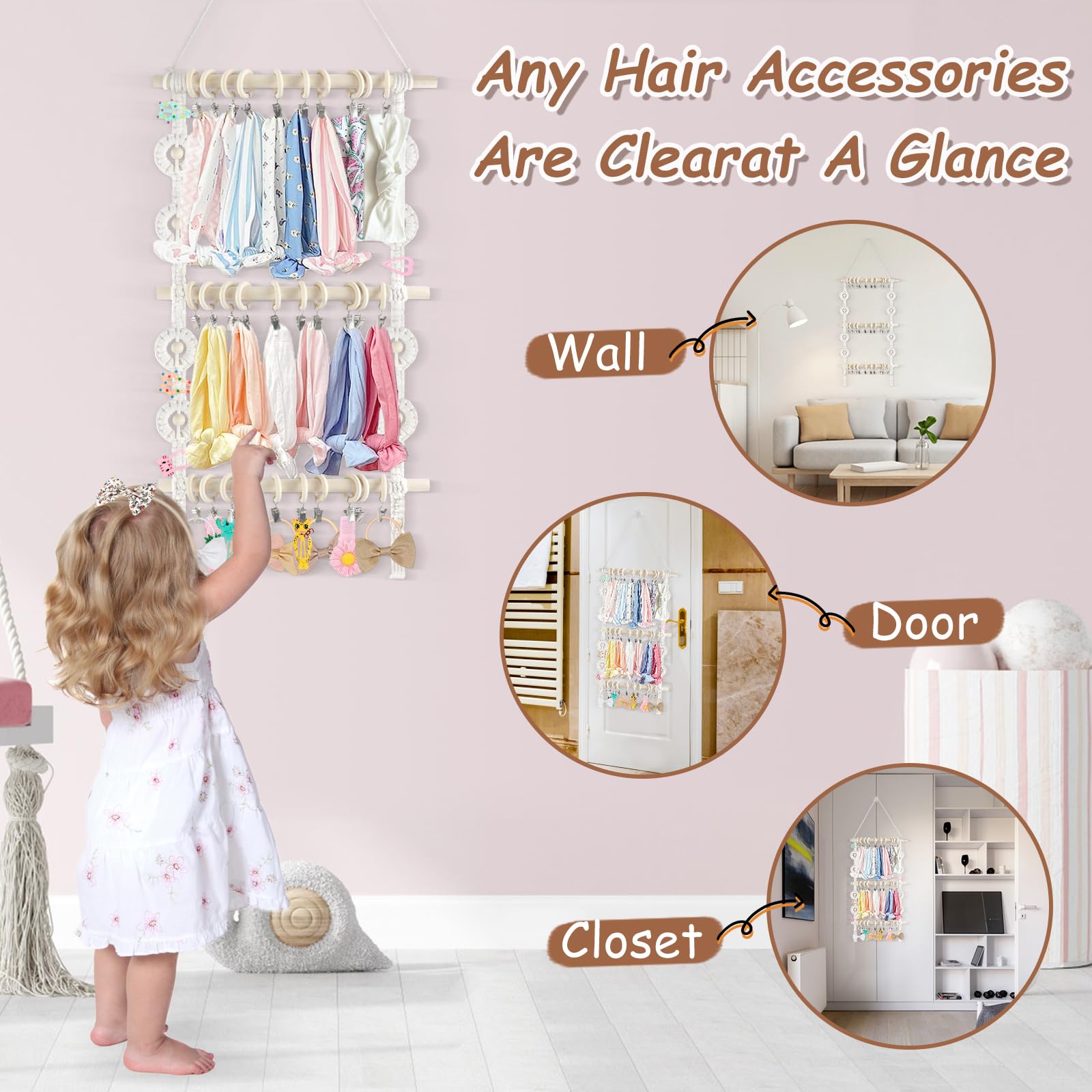 Headband Holder with 3pcs Headband, Baby Hair Accessories Organizer for Girls, Bow Holder Organizer For Nursery Home Wall Decor