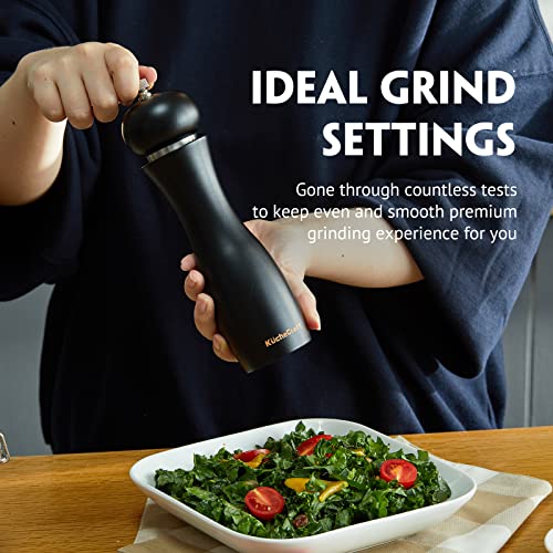 KucheCraft Wooden Pepper Grinder Refillable - Premium Beech Wood Pepper Mill Grinder with Adjustable Ceramic Grinder - 8 In Manual Matte Black Peppermill