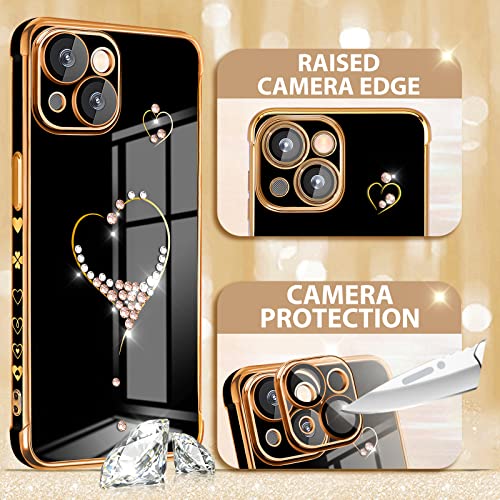 Petitian for iPhone 14 Plus Case, Cute Women Girls Bling Glitter Love Heart Designed for iPhone 14 Plus Phone Cases, Girly Gold Plating Phone Cover for 14 Plus with Camera Protection Black