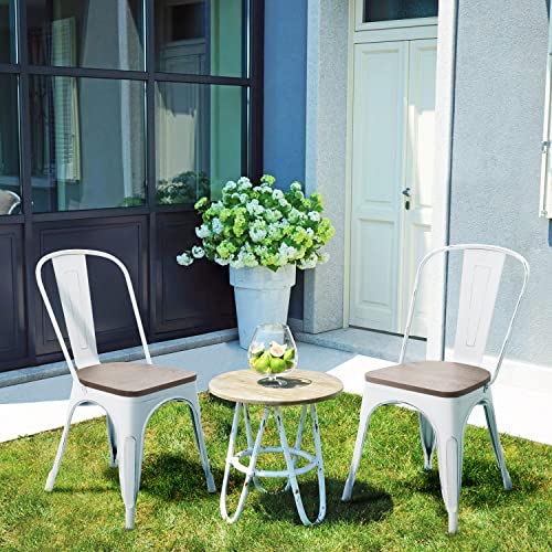 Furniwell Metal Dining Chairs with Wood Seat, Indoor Outdoor Use Stackable Tolix Industrial Metal Chairs Set of 4 for Kitchen, Dining Room, Bistro and Cafe (White)