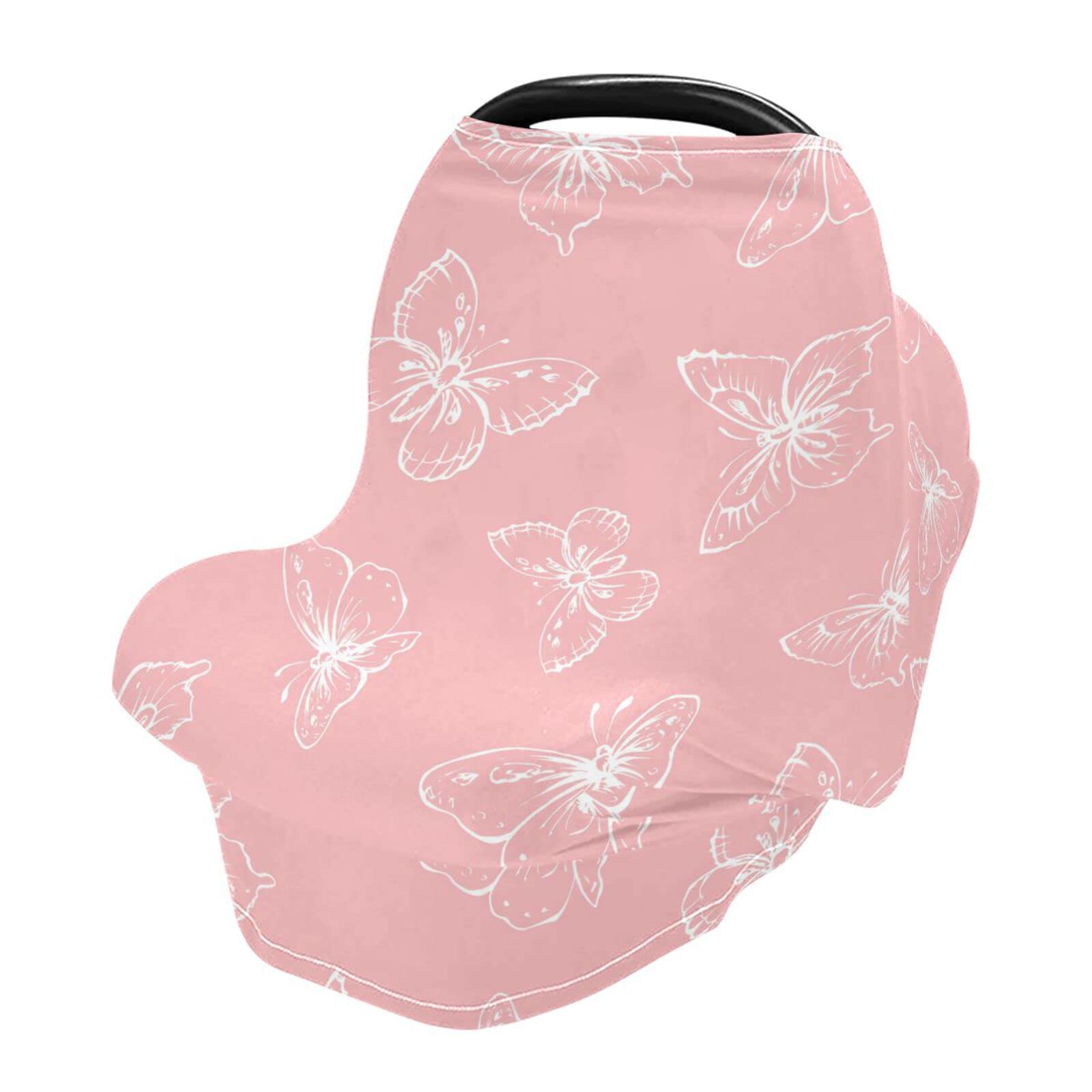 Kigai Pink Butterfly Baby Car Seat Covers Multi-Use Breastfeeding Nursing Seat Canopy Stretchy Breathable Infant Stroller Covers for Boys and Girls