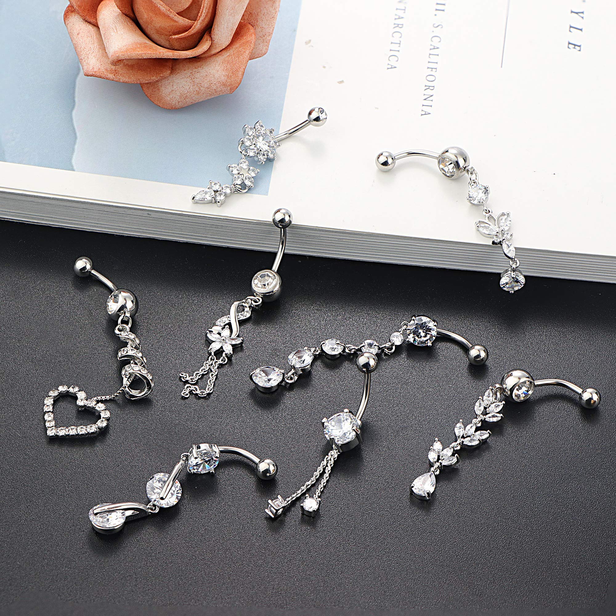 FUNRUN JEWELRY 8PCS 14 G Stainless Steel Dangle Belly Button Ring Navel Piercing Clear CZ Inlay Body Piercing Jewelry Barbell Silver Tone