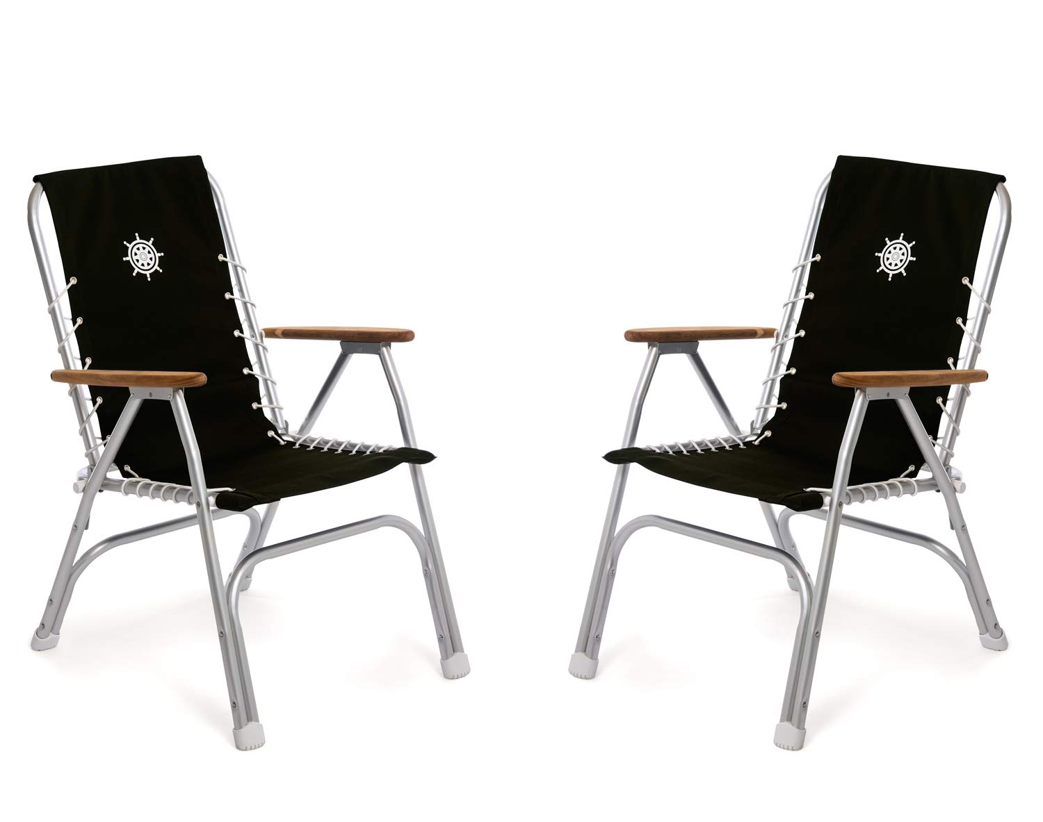 FORMA MARINE Boat Chairs High Back Black Deck Folding Marine Aluminum Teak Furniture Set of 2 M150BL