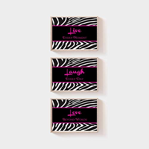 Live Laugh Love Animal Print Zebra Black and Hot Pink Wall Art Set of 3 5x7 or 8x10 Prints ((unframed))