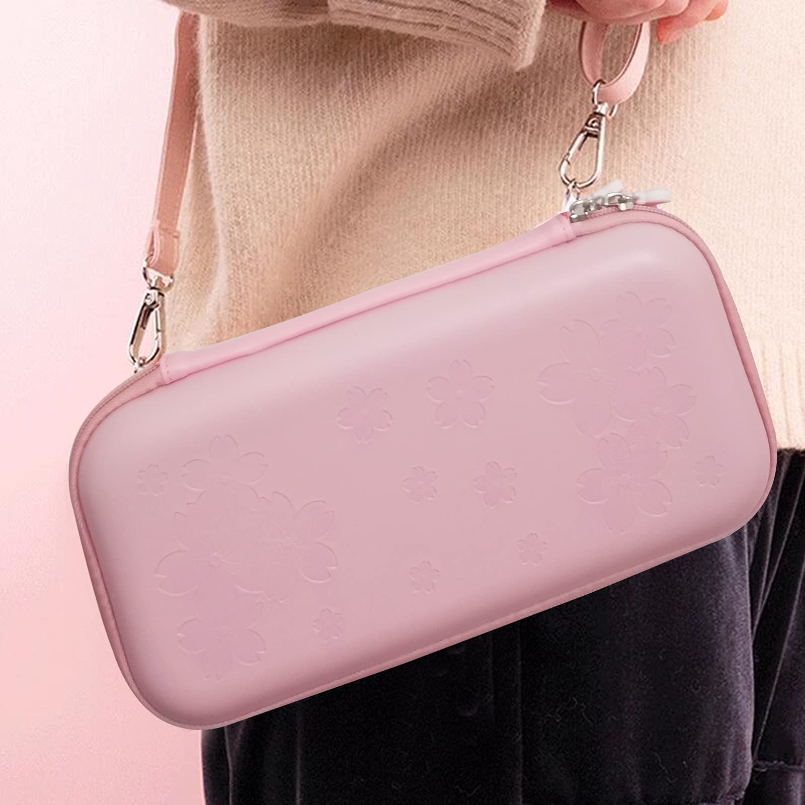 HLRAO Pink Travel Carrying Case Accessories Kit,Sakura Pink Carry Case Compatible with Nintendo Switch OLED.Pink Switch Hard Protective Cover,Adjustable Stand,Screen Protector & Thumb Grips 10 in 1.
