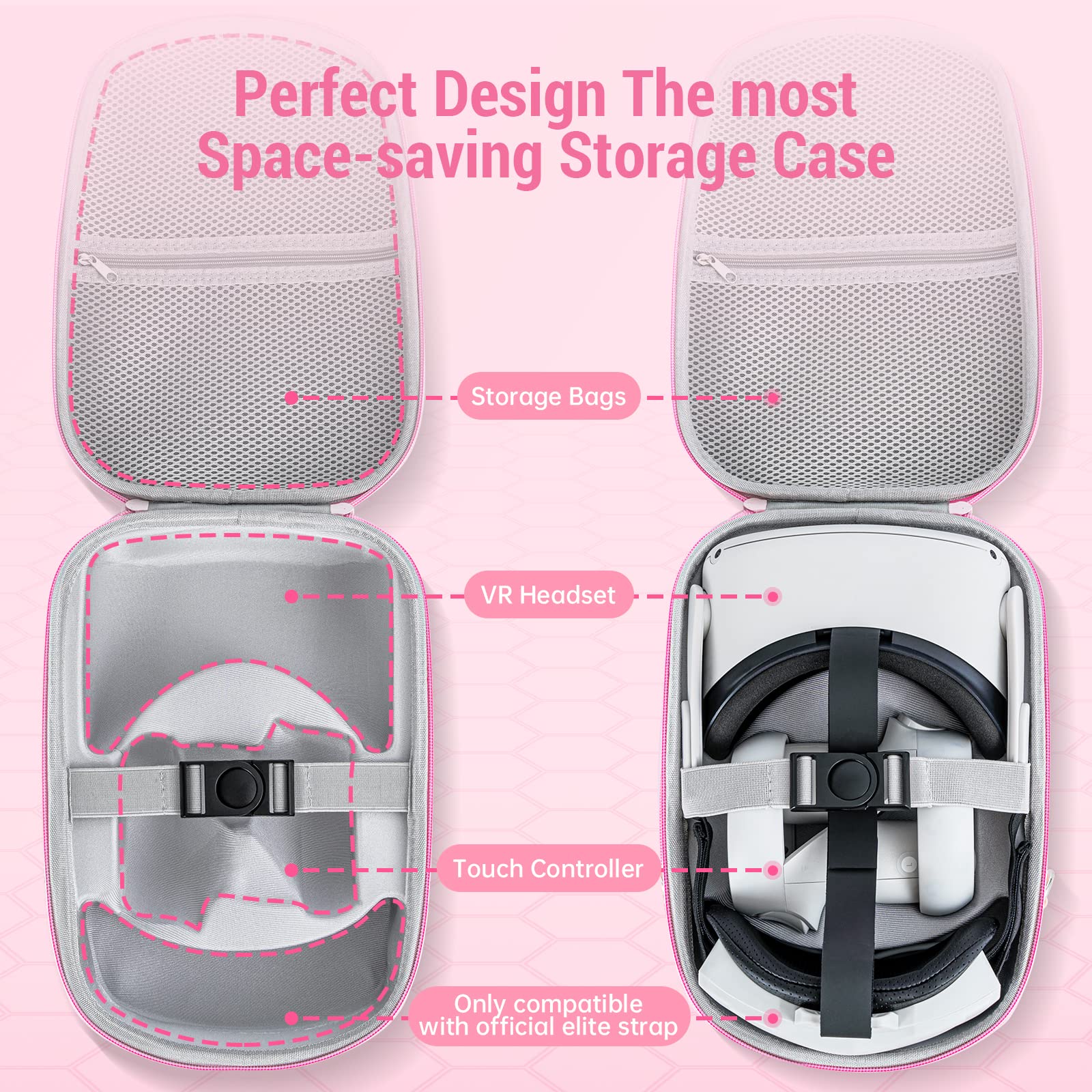 Hard Carrying Case for Oculus Quest 2 Accessories, Silicone Cover Set VR Shell Touch Controller Cover, Pink Front Face Protector Cover Crossbody Shoulder Chest for Women Girls Travel and Home Storage