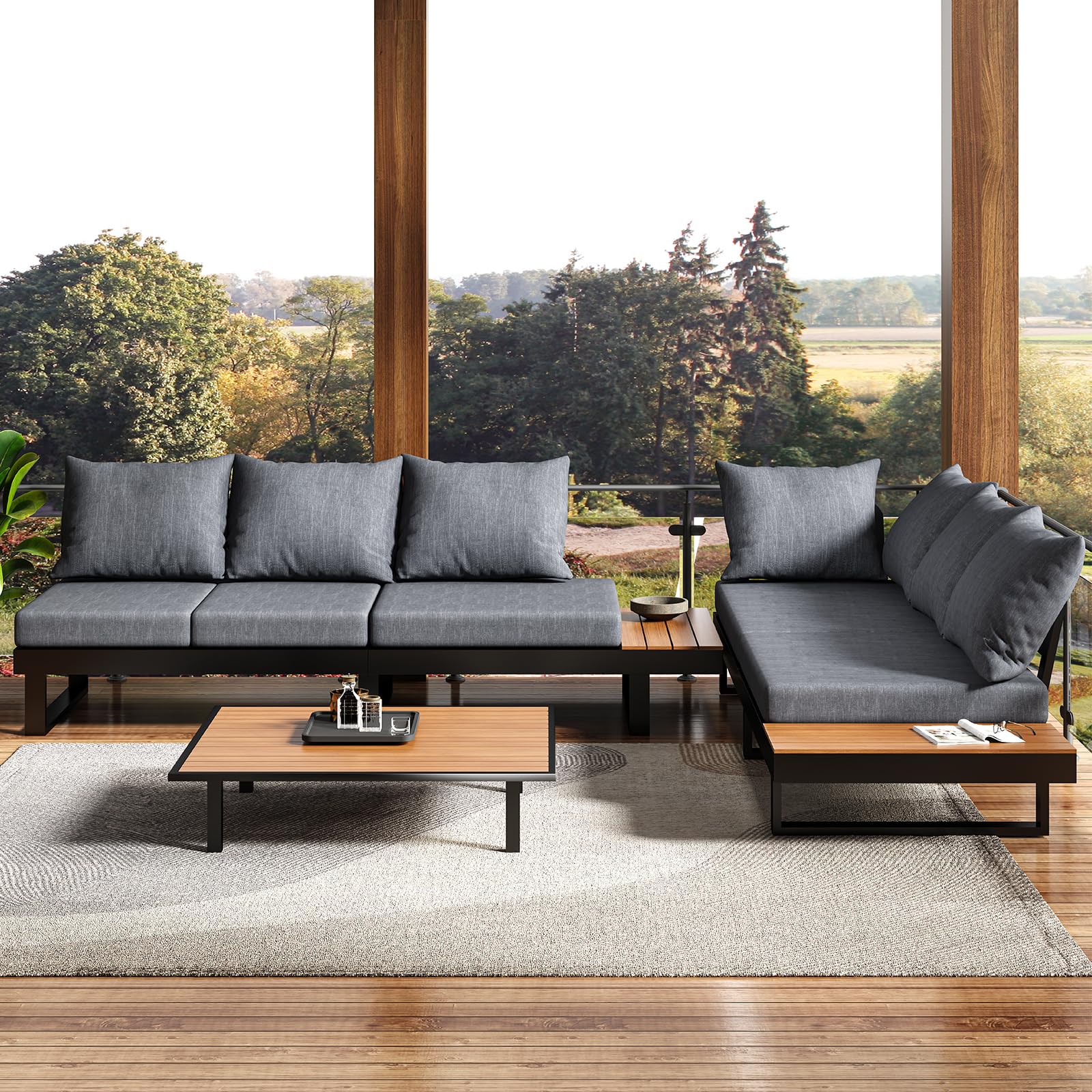 LUXOAK 3-Piece Patio Furniture Sets, Outdoor Aluminum Furniture Sofa, with Wood Side Table & Washable Cushions(Adjustable Backrest)
