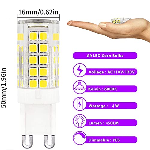 G9 LED Bulb 4W (40W Halogen Equivalent), Daylight White 6000K, 450LM 110V 120V T4 G9 Ceramic Base Light Bulb for Ceiling Light, Under Cabinet (4-Pack)