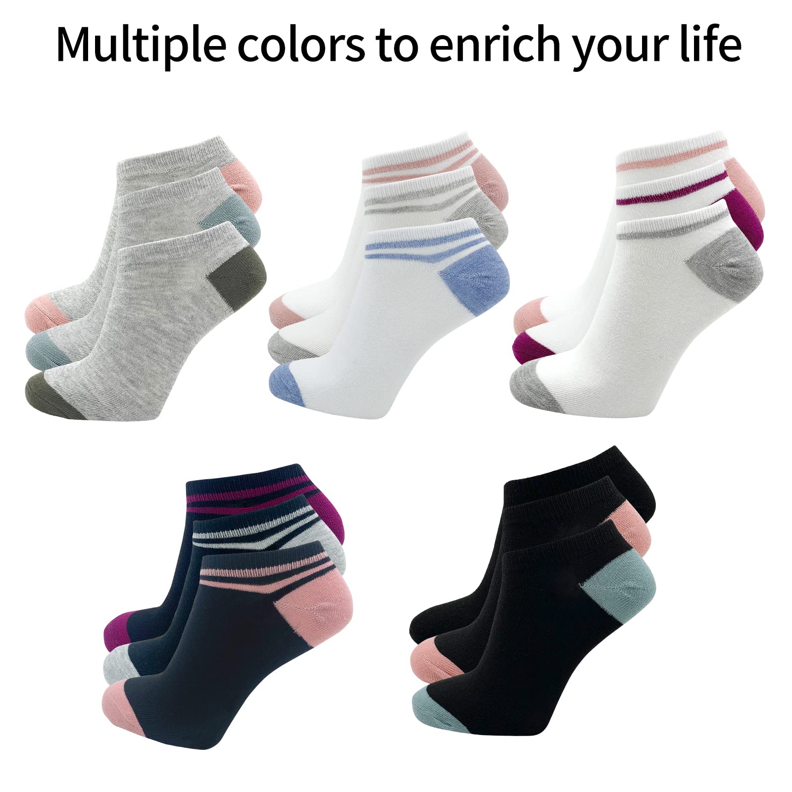 HERAN Ankle Socks for Women Size 5-9, 6-Pairs Low Cut Socks Athletic Casual Socks, Multi-color Preppy Stripes Women's Socks