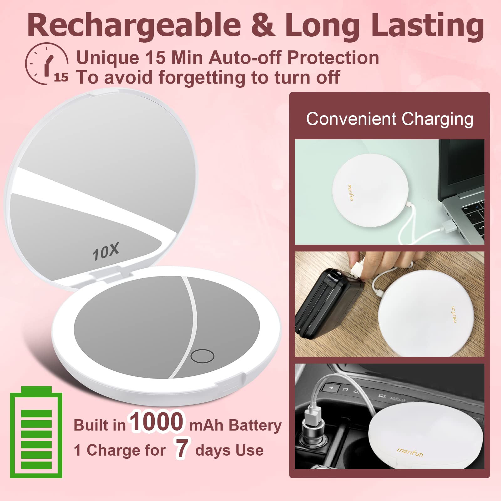 LED Lighted Travel Makeup Mirror, Large 5" 1x/10x Magnifying- Medical Grade LED, 3 Light Colors & Brightness Dimmable- Rechargeable 1000mAh Battery Travel Magnifying Makeup Mirror (White)