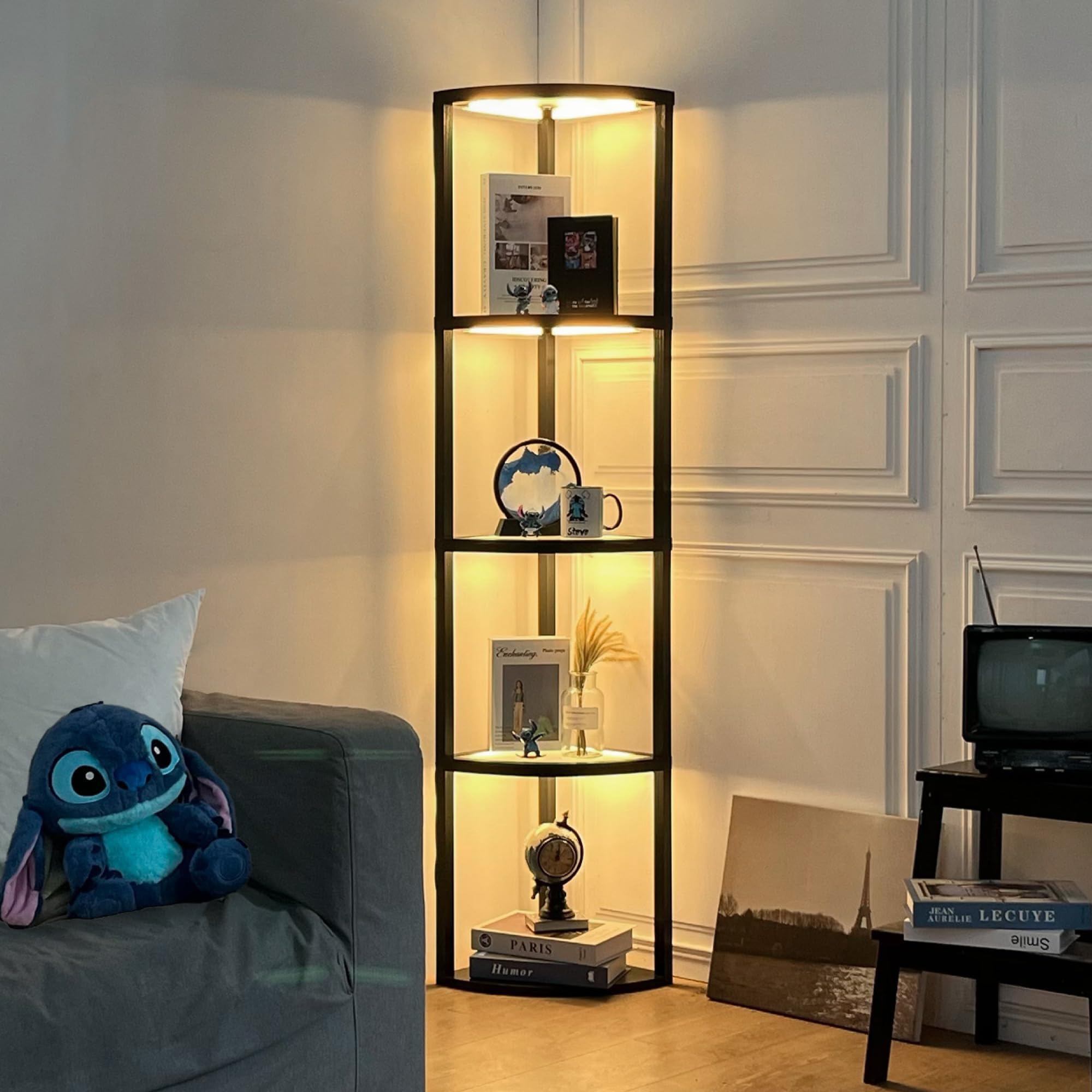 FENLO Fantasy Edge - 66" LED Corner Glass Display Shelf Lamp for Bedrooms, Dimmable Corner Floor Lamp with Shelves, Curio Cabinet Display Case with Remote Control (Black)