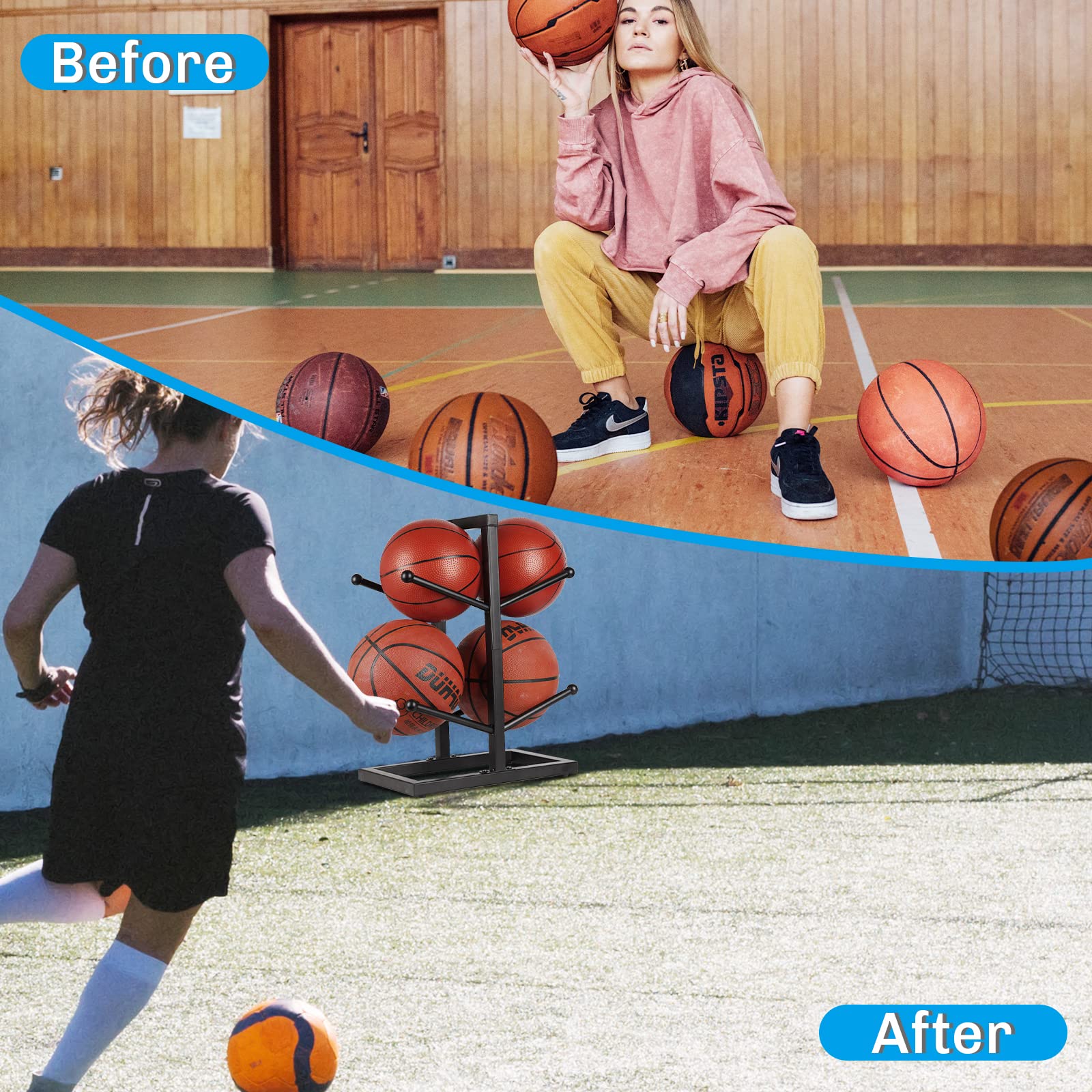 Fitlyiee Four-Layer Multipurpose Basketball Organizer Iron Ball Rack for Indoor Outdoor (Black)