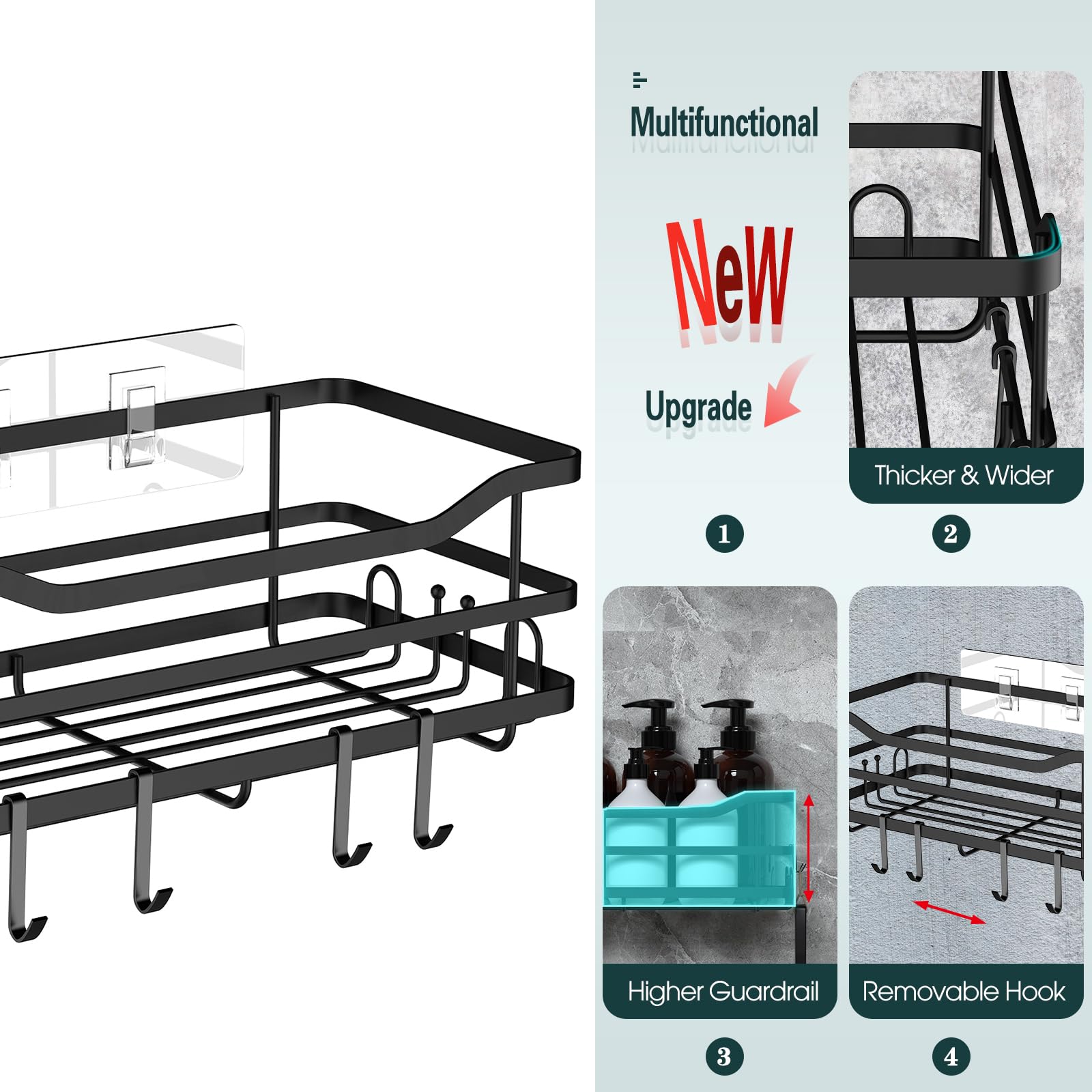Prettidecor Shower Caddy 3 Pack-Self Adhesive Stainless Shower Shelves with Hooks No Drilling Shower Organizer Hanging Large Capacity Rustproof Bathroom Kitchen Storage Accessories-Black