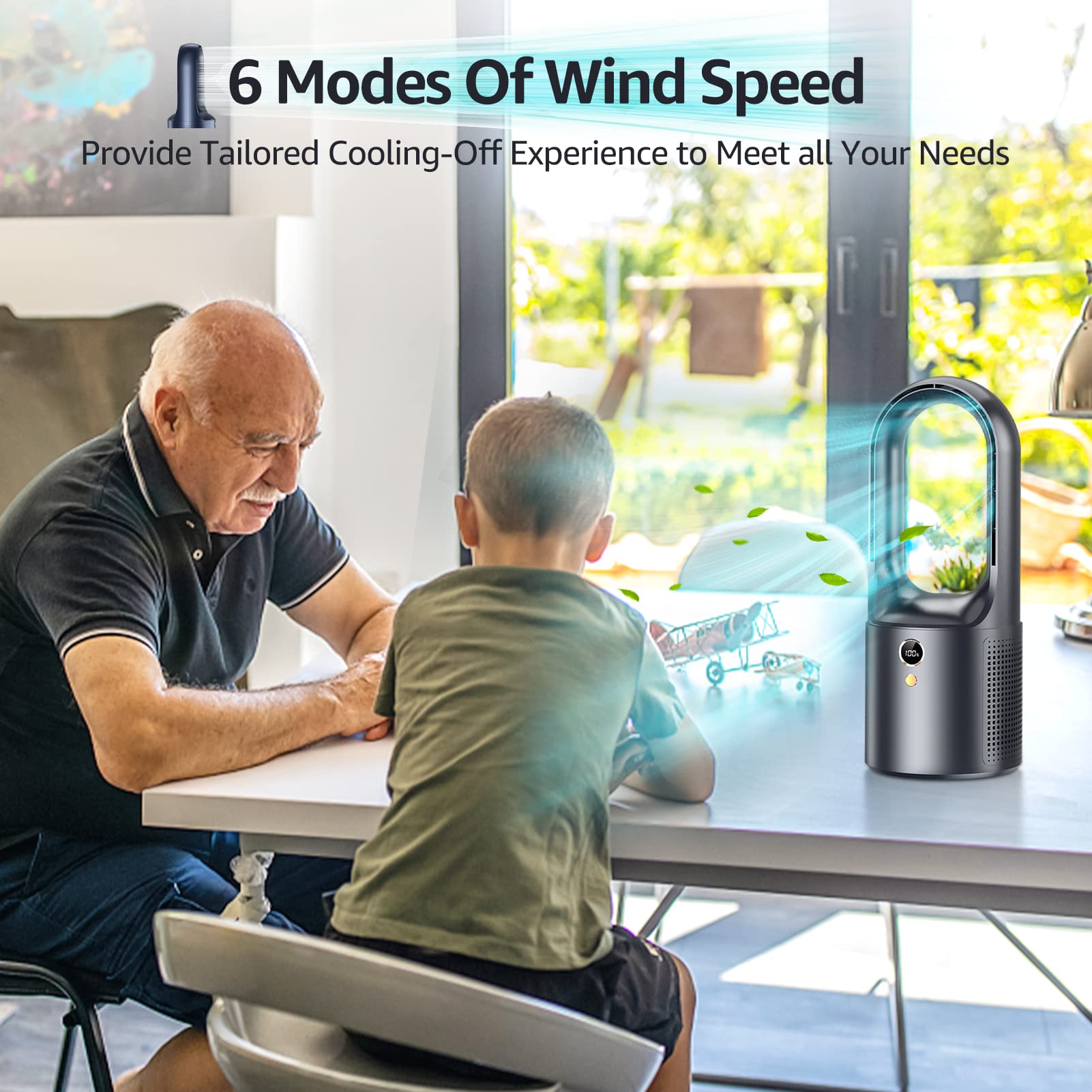 JINJUNYE Desk Fan, 13 Inch Bladeless Fan, Table Fan Small Quiet for Bedroom, Office, Home, 6 Speeds, Rechargeable Fan with Touch Control, Black