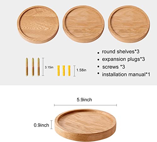 Round Floating Shelves, 3 Pack Solid Oak Deep Floating Shelves for Wall 6'' Diameter Circle Small Plant Shelves Wall decorfor Bedroom, Living Room, Kitchen