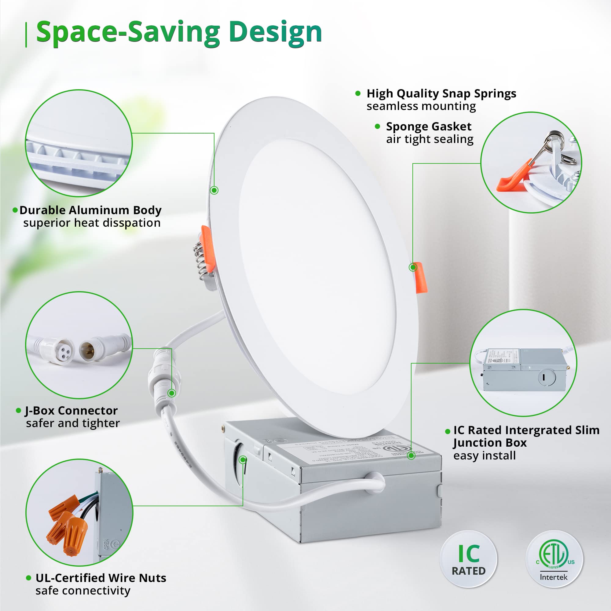 LEDIARY 24 Pack LED Recessed Lighting 6 inch with Junction Box, 6000K Clear White, 1100LM, 12W Eqv 110W, Dimmable Can-Killer Downlight - IC Rated, ETL Certified