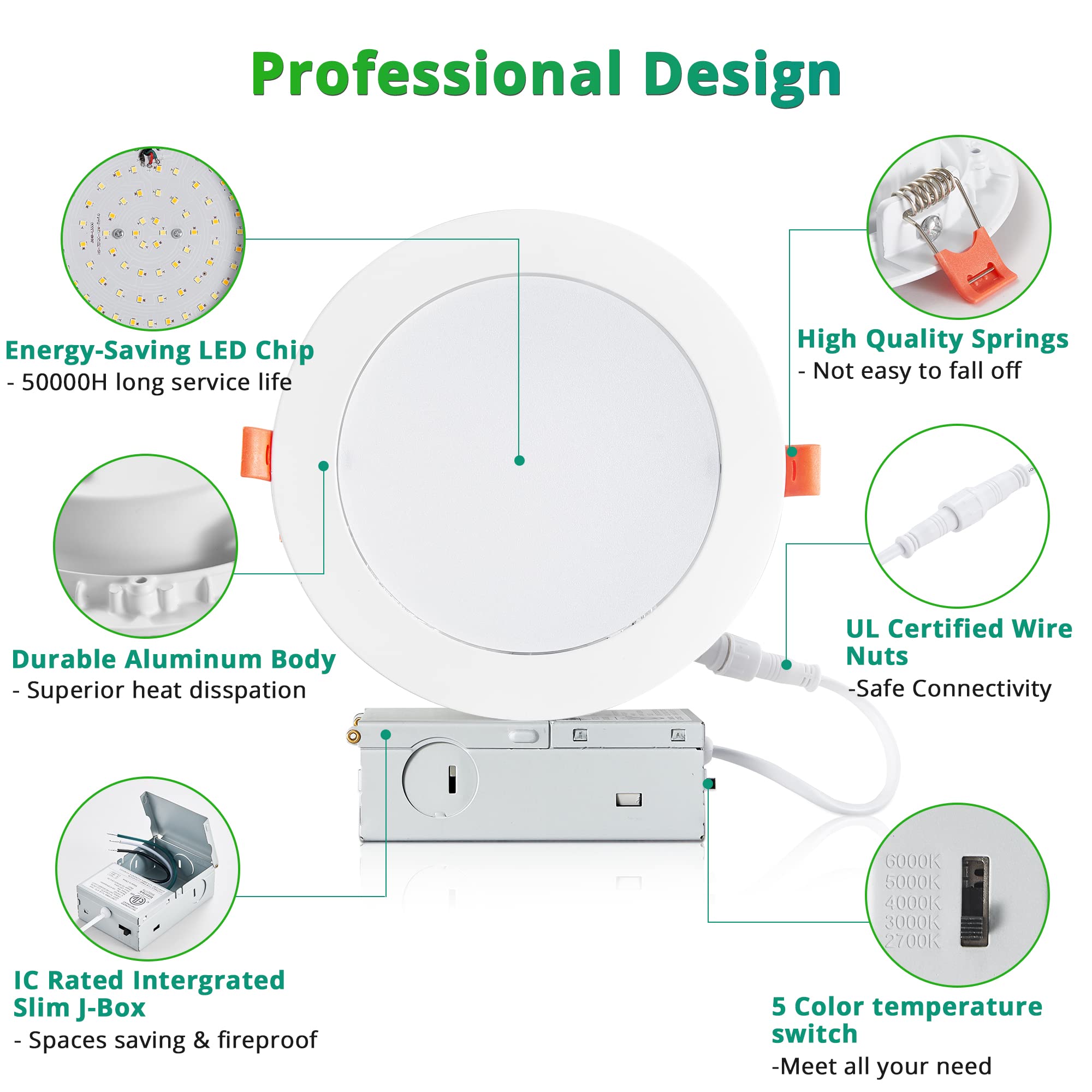 LEDIARY 6 Pack Gimbal LED Recessed Lighting 6 Inch, 5CCT Adjustable Recessed Light Slim Selectable 2700K-6000K,1100LM Can Lights with Jbox,Canless Down Light Ceiling Light with IC Rated ETL Listed
