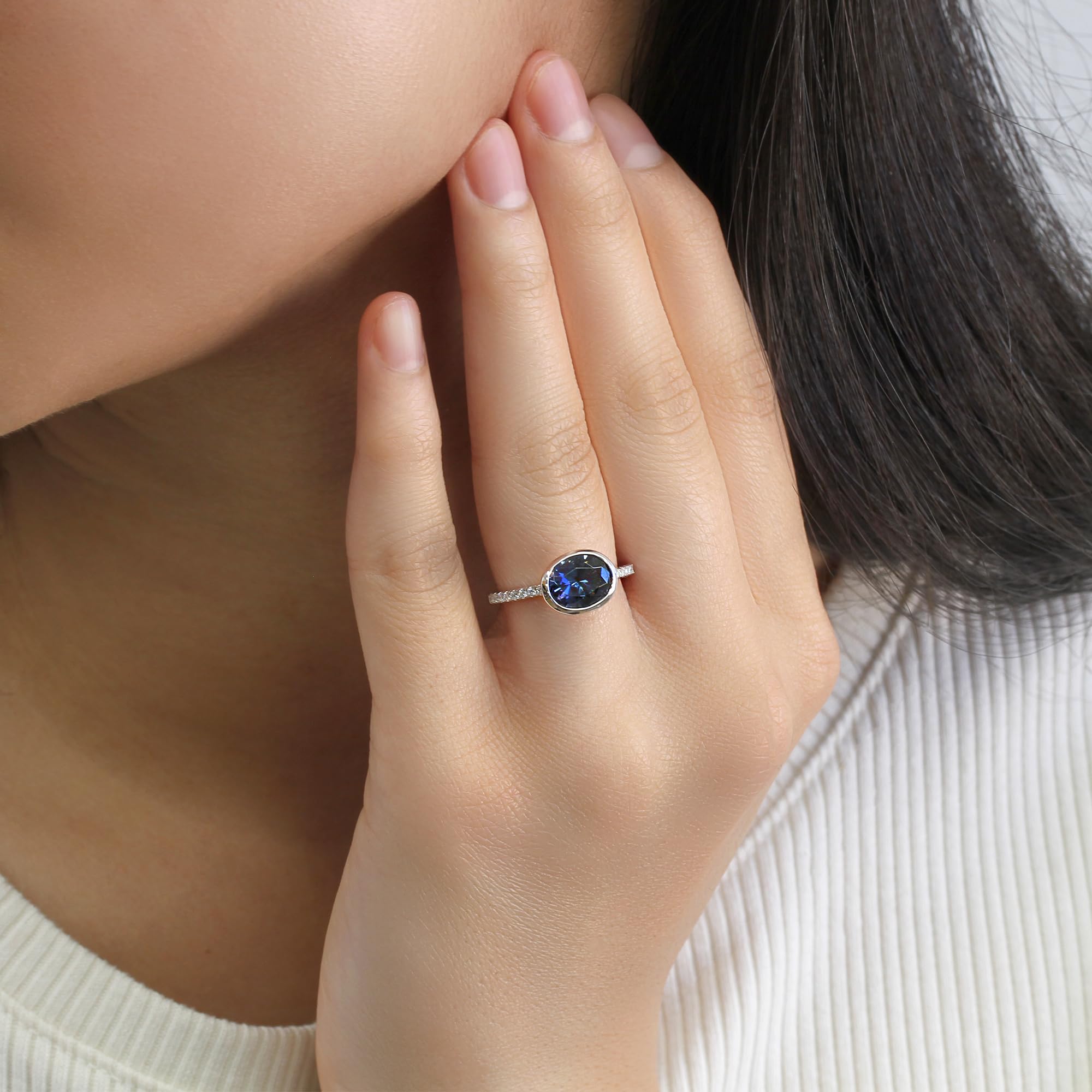 DoubleAccent Platinum Plated Sterling Silver Ring 2 CT Oval Grey CZ Stone Bezel Wedding Engagement Ring (Size 5 to 9), 8