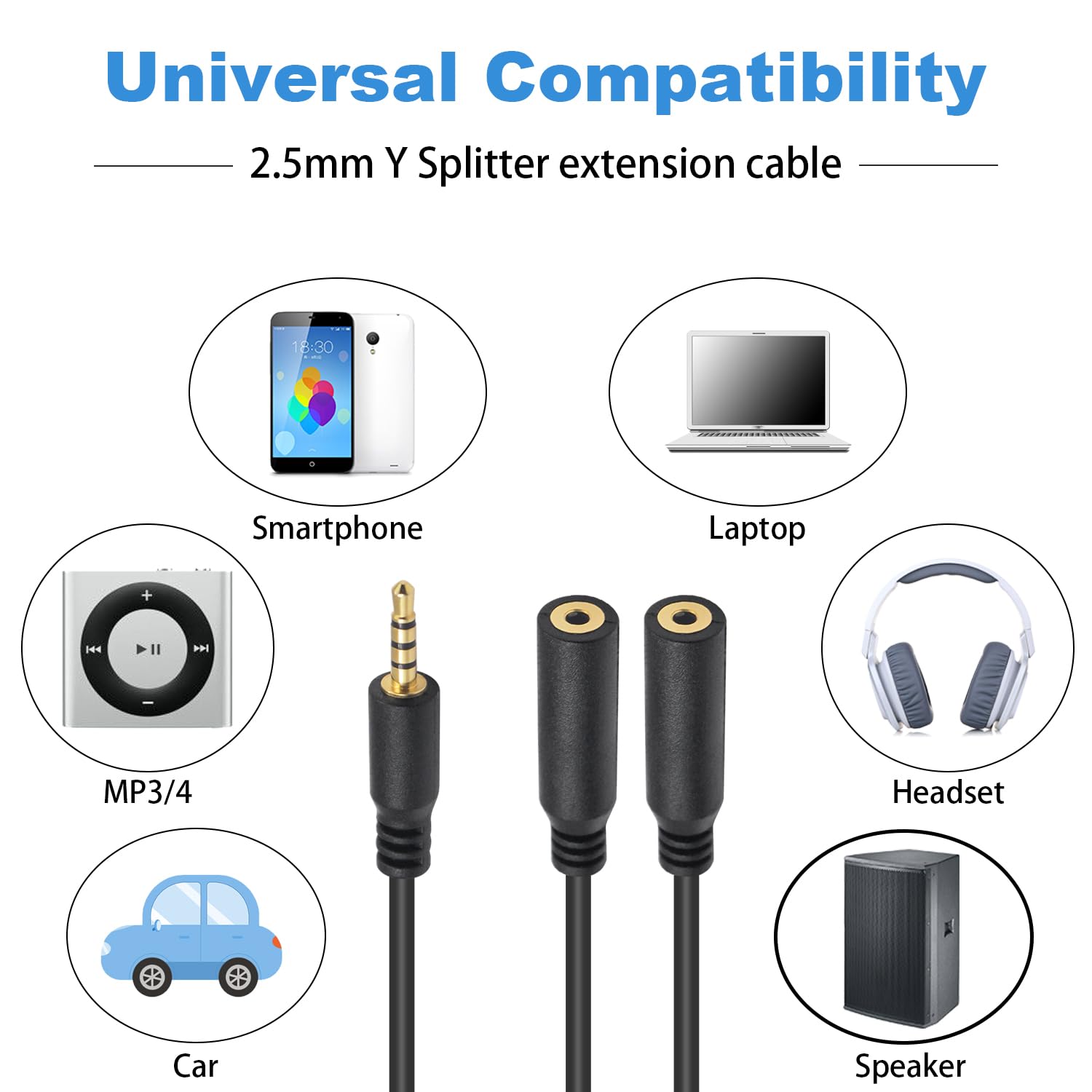 Duttek 2.5mm Y Splitter Cable 1FT/30cm, 2.5mm Stereo Jack Headphone Splitter Cable, 2.5mm 4 Pole Male to Dual Female Aux Audio Splitter Extension Cable with Gold Plate for Camera, Headphone 2Pack