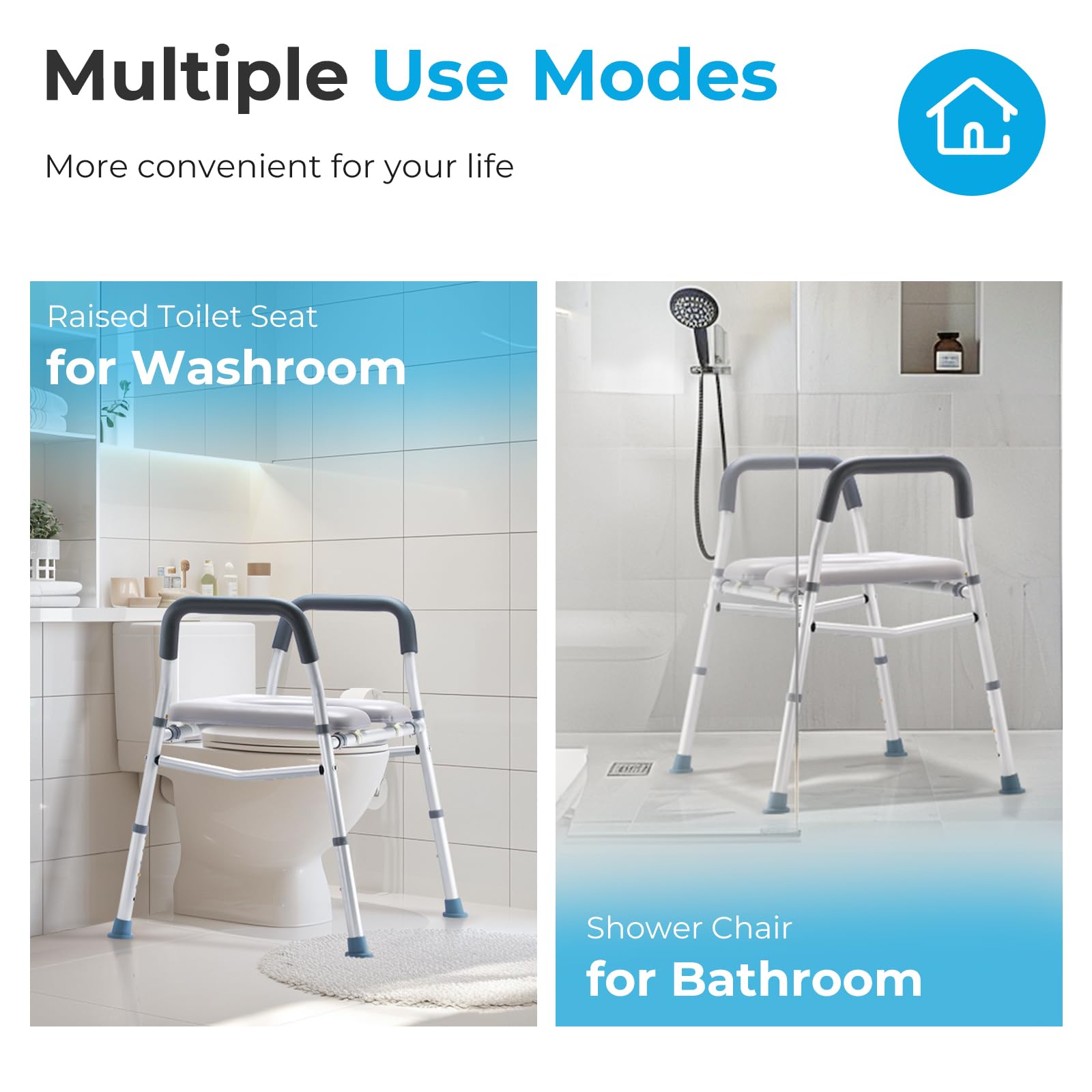 HEAO 3-in-1 Raised Toilet Seat, Adjustable Width/Height, Padded Seat with Splash Guard, Toilet Safety Frame, Shower Chair for Seniors, Handicap,Pregnant, 300 lbs