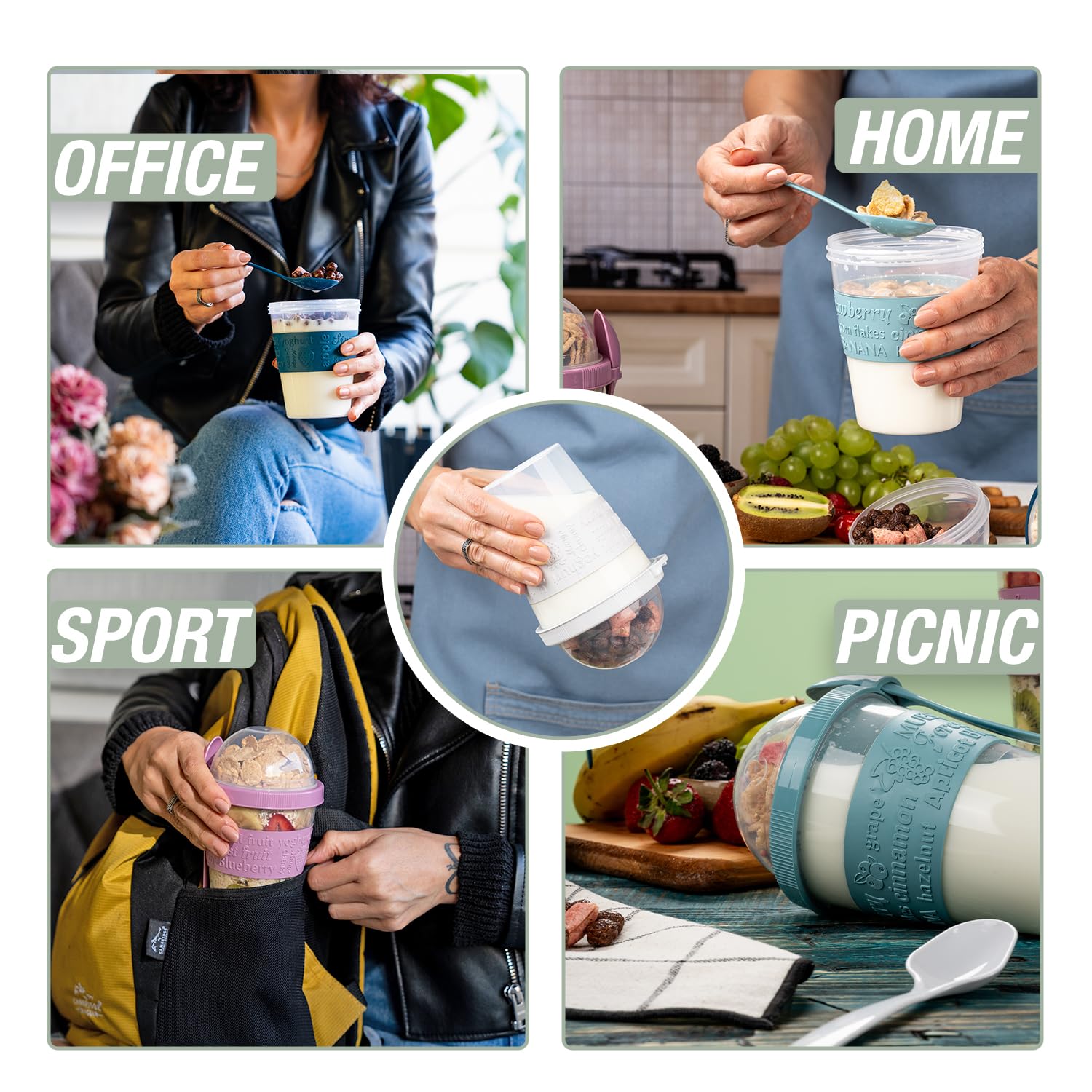 On The Go Cereal Yogurt Cups with Lids and Spoon, Overnight Oats Container, Reusable Parfait Plastic Milk Jar Breakfast Crunch Granola Oatmeal Smoothie Snack Prep Bowl To Take Along (4 Colors Set 2)
