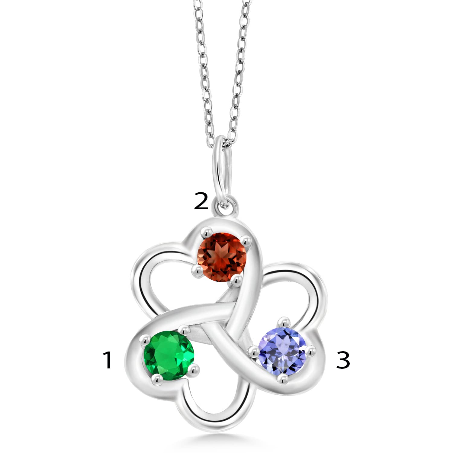 Gem Stone King 925 Sterling Silver 4MM Round Gemstone Birthstone 3 Hearts Interlock Pendant Necklace For Women with 18 Inch Silver Chain