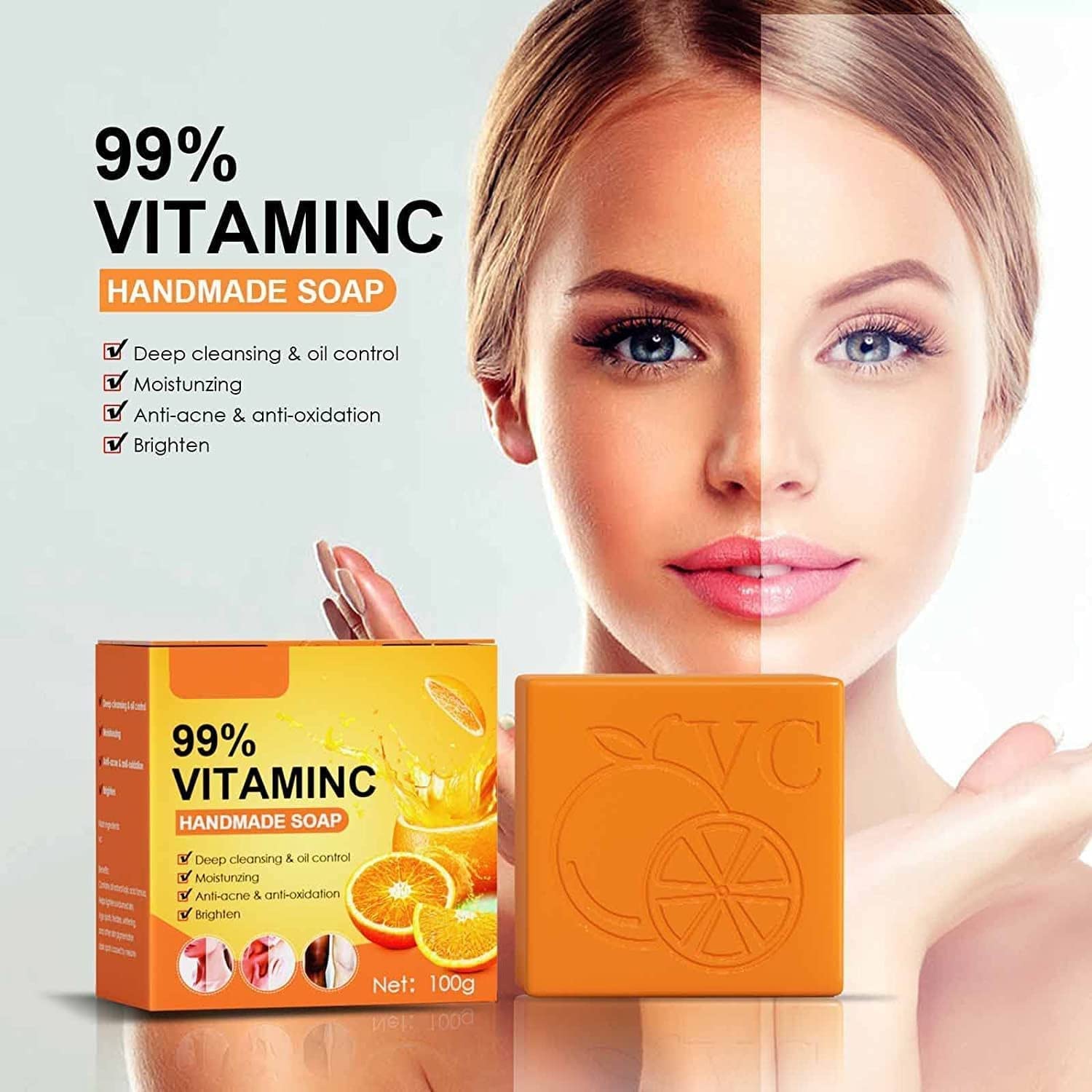 Orange Vitamin C Handmade Soap, Natural Organic Soap with 99% Vitamin C(2PCS)