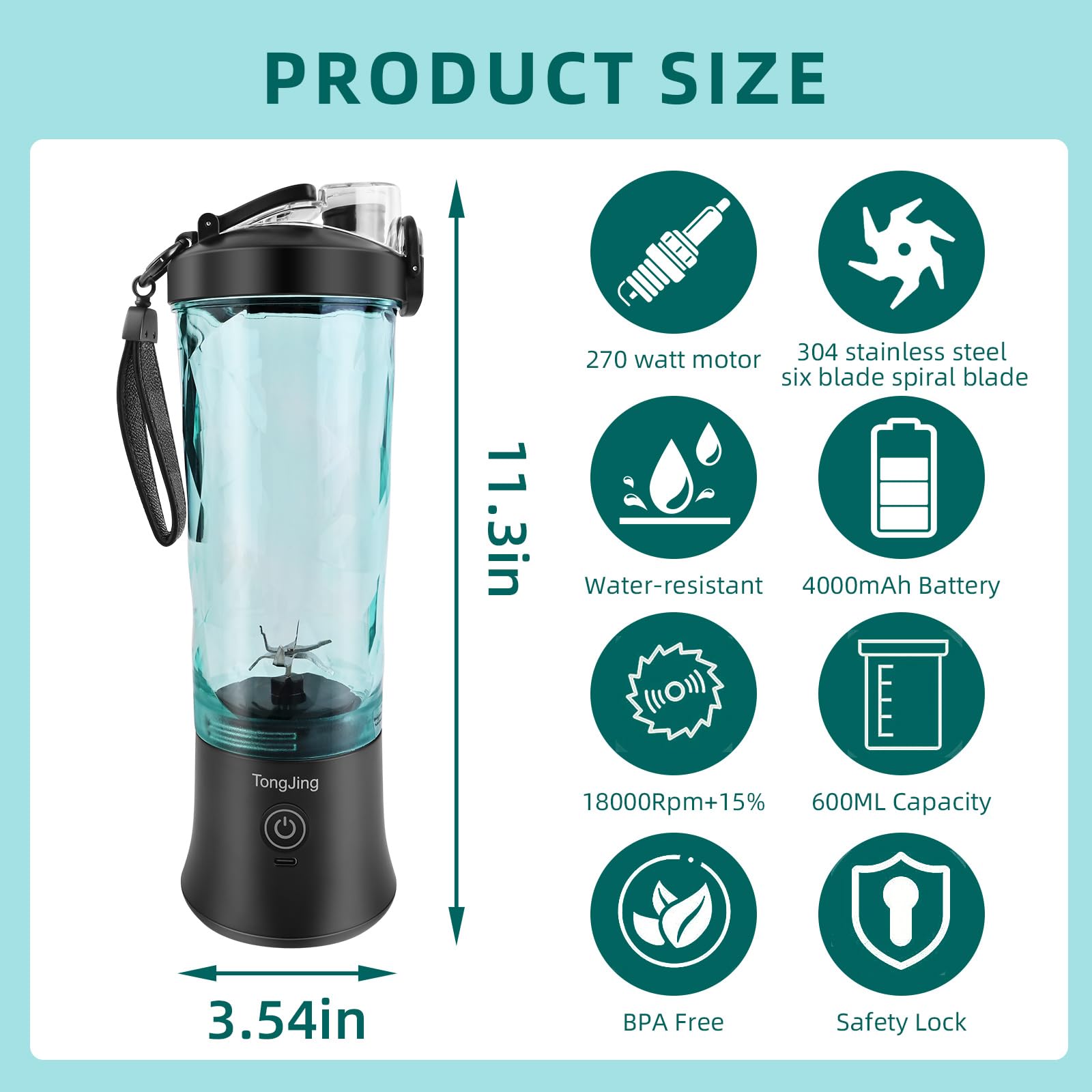 Portable blender,Big Power Personal Size Blender for Shakes and Smoothies with 6 Blades,20OZ Juicer Cup USB Rechargeable Blender for Kitchen,Outdoor(Black)