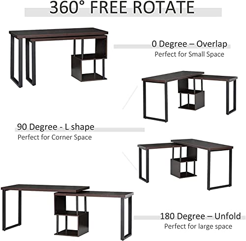 Royal Wood 55" 360° Rotating L-Shaped Home Office Computer Desk, Rotating Corner Desk with Storage Shelves, Left or Right Side Combo Table, Study Writing Desk Two Workstations,Espresso
