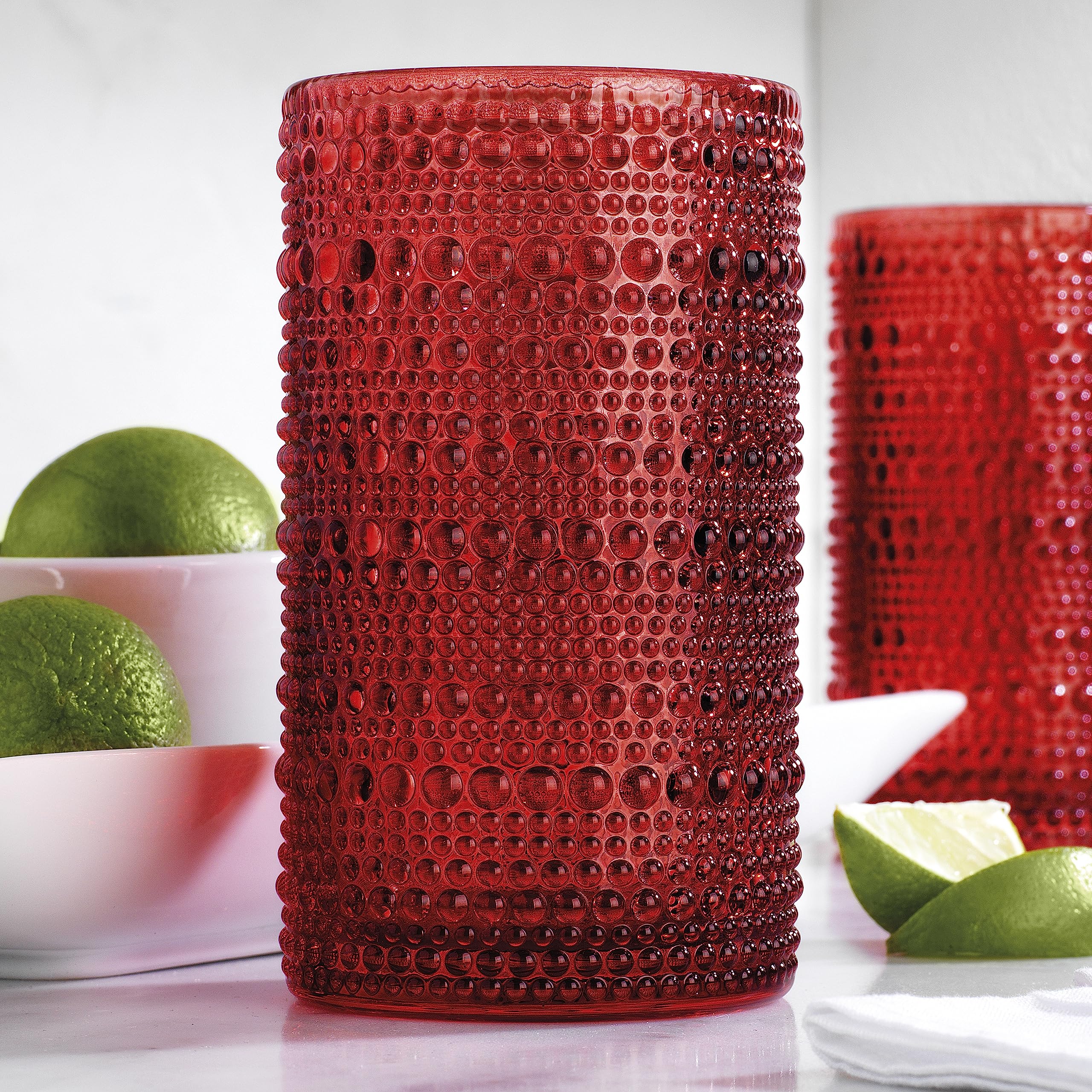 Glaver's Hobnail Drinking Glasses Set of 4 Red Vintage Glassware. 15 Oz. Everyday and Holiday Dinner Beaded Drinking Glasses for Water, Juice, Cocktail.