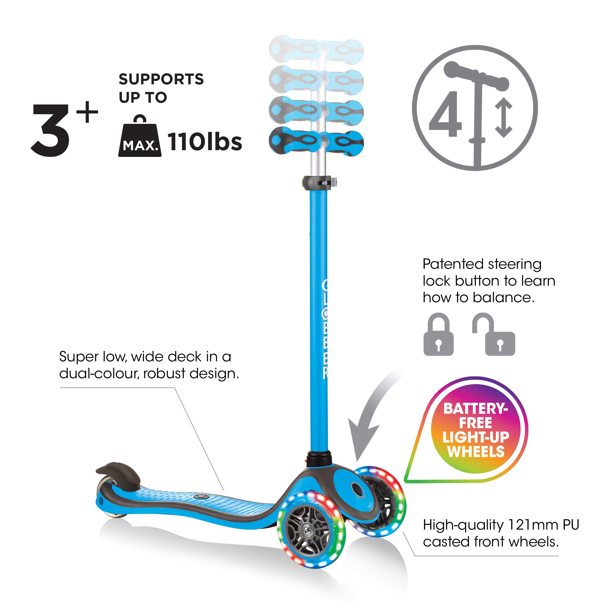 Globber - Primo Plus 3-Wheel Kids Kick Scooter - LED Light Up Wheels - Adjustable Height T-Bar - for Boys and Girls - Sky Blue