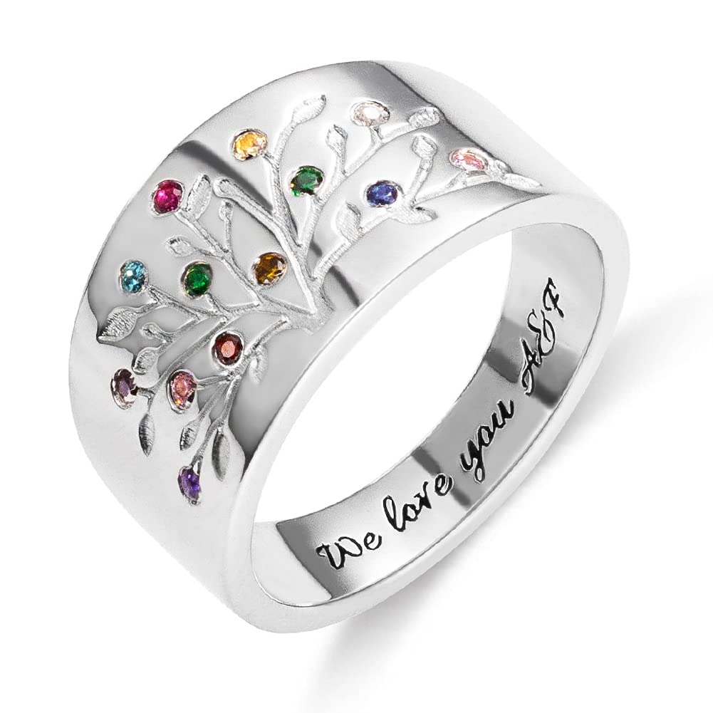 Getname Necklace Personalized 1-20 Birthstone Family Tree Ring Tree of Life Family Rings for Mom Grandmother - Custom Jewelry Gift for Her Sterling Silver Birthstone Ring Sterling Silver/Brass