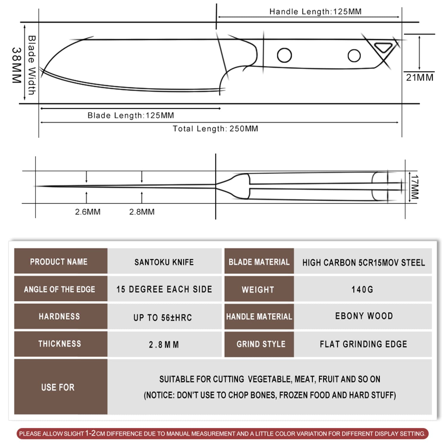 Momo's House 5 Inch Santoku Knife and 3 Inch Small Paring Knife with Ergonomic Ebony Handle - Sharp Forged Carbon Steel Handmade Fruit Kitchen Knives with Elegant Gift Box and Sheaths, 2Pcs