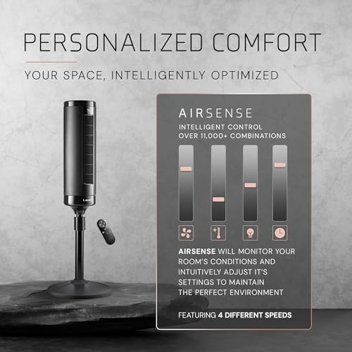 Lasko Elevation 42”-54” Adjustable Height Pedestal Tower Fans for Home, 31 ft/s Airflow, Quiet 28 dB on Low, 90° Oscillation, 12 Hour Timer, Remote Control, Black, EST100