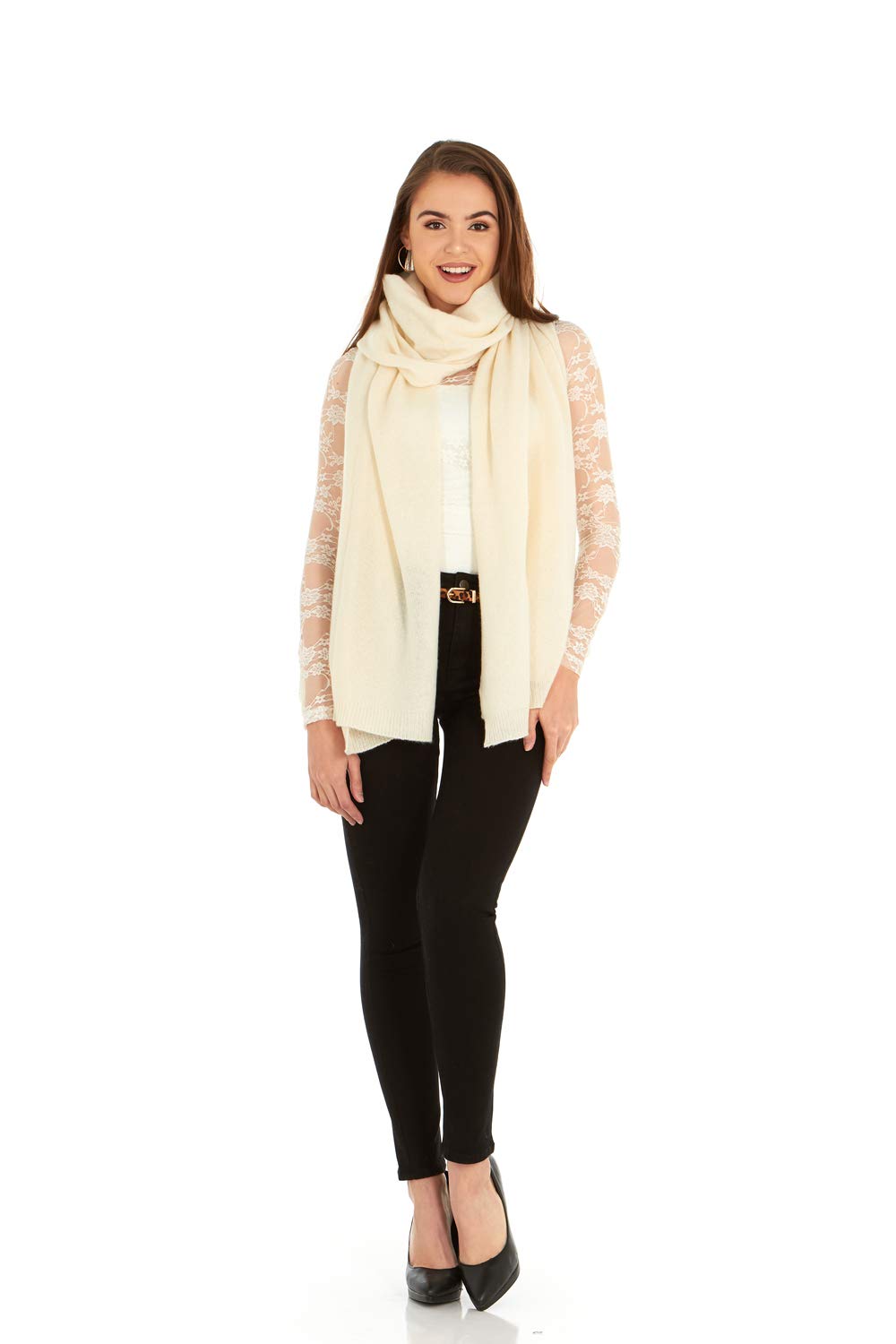 Manio Cashmere 100% Cashmere Knitted Wrap Pashmina Shawl Extra Large Scarf Stole for Women Travel (White)