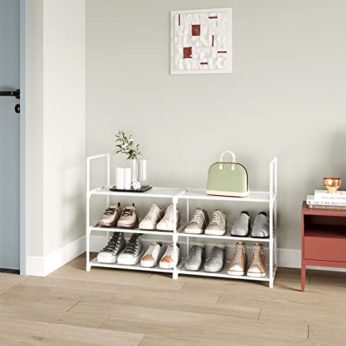 Yegazte Long 3-Tier Shoe Rack, Wide Shoe Storage Organizer Stackable Space Saving Shoe Shelf for 12-15 Pairs, Shoe Stand for Closet, Entryway and Hallway(White)