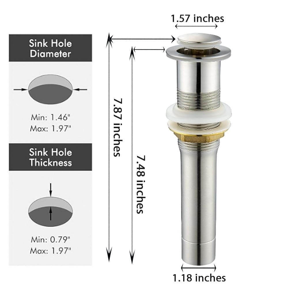 Pop Up Drain, Bathroom Pop Up Sink Drain, Brushed Nickel Bathroom Sink Stopper with Drain Hair Catcher Pop Up Drain, Bathroom Vanity Kitchen Sink with Overflow,PUD001L