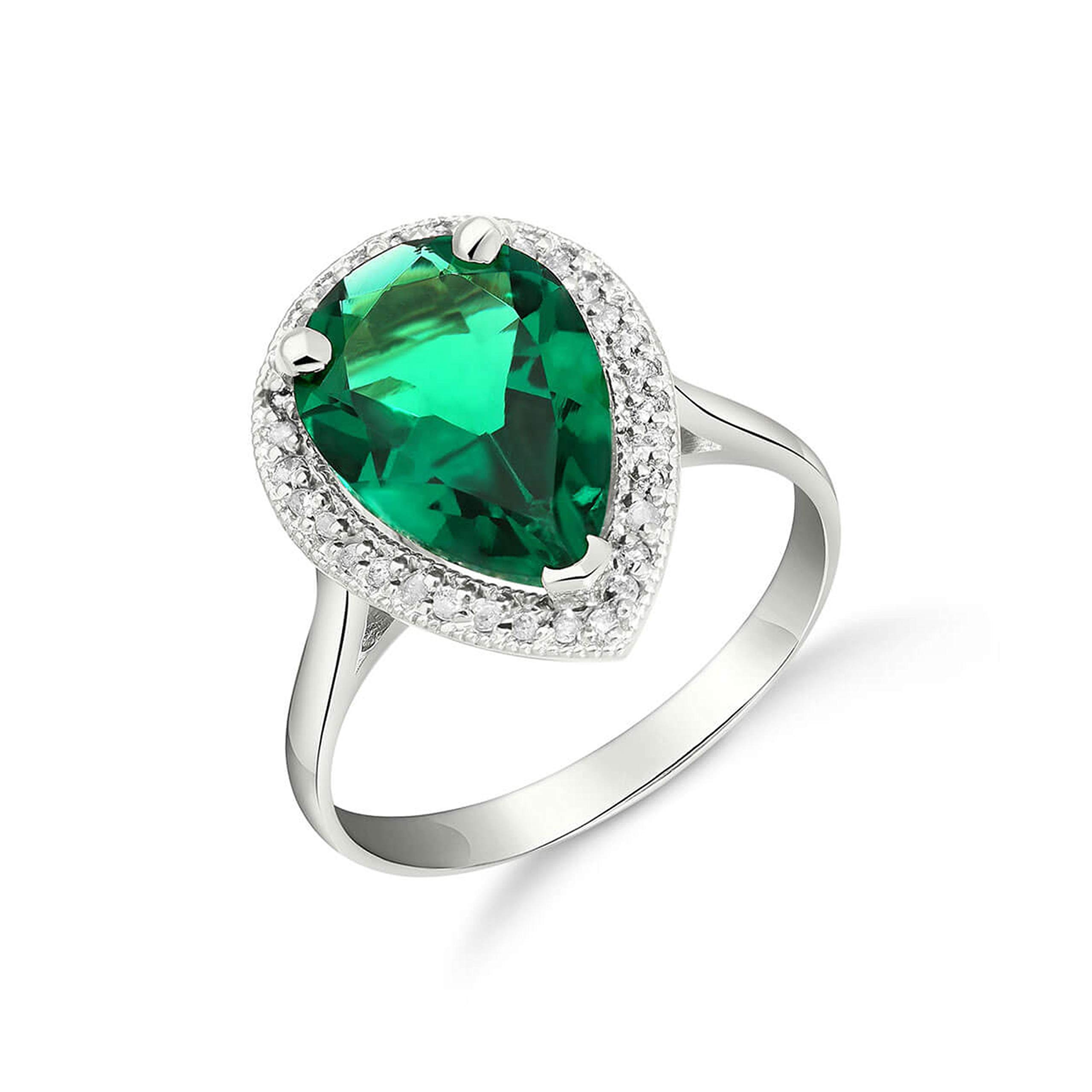 Galaxy Gold GG 3.16 Carat Total Weight 14K Solid White Gold Emerald with Natural Diamonds Halo Ring Brilliant Pear Tear Drop Shape Cut and Round Diamonds (6.5)