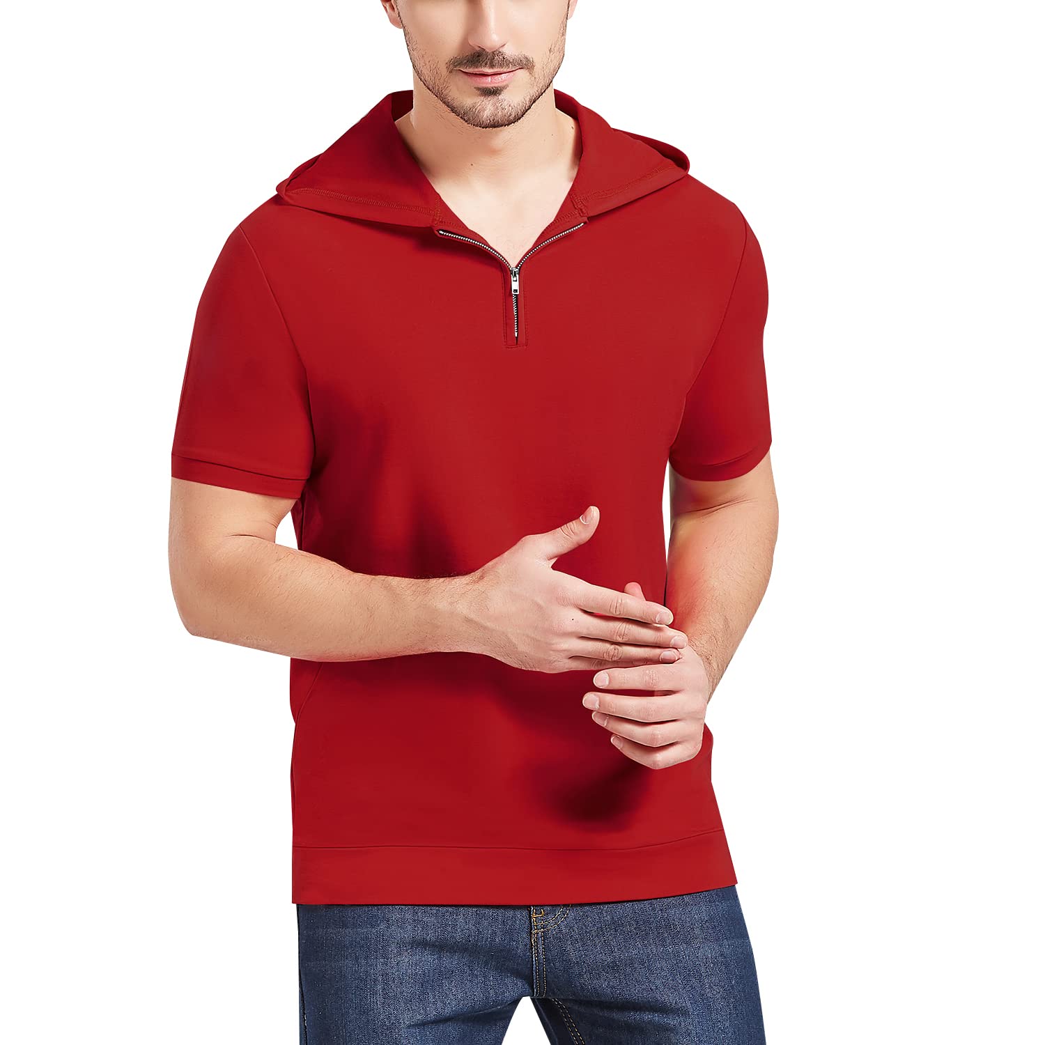 Gnvviwl Men's Fashion Athletic Hoodies Short Sleeve Quarter-Zip Pullover Casual Hooded T-Shirts Red