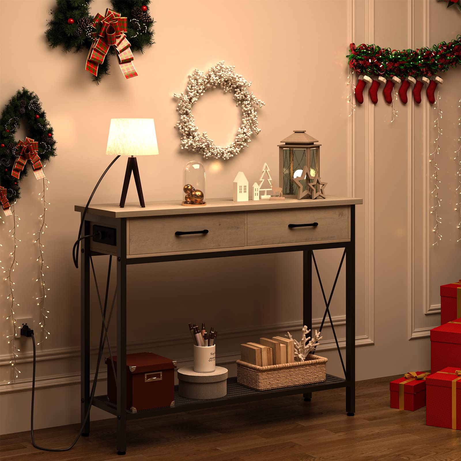 Entryway Table with 2 Drawers for Storage, 39.3''Console Table with Charging Station, Industrial Grey Sofa Table with Storage Shelves for Living Room, Couch, Hallway, Foyer, Entryway, Kitchen-2 Tier