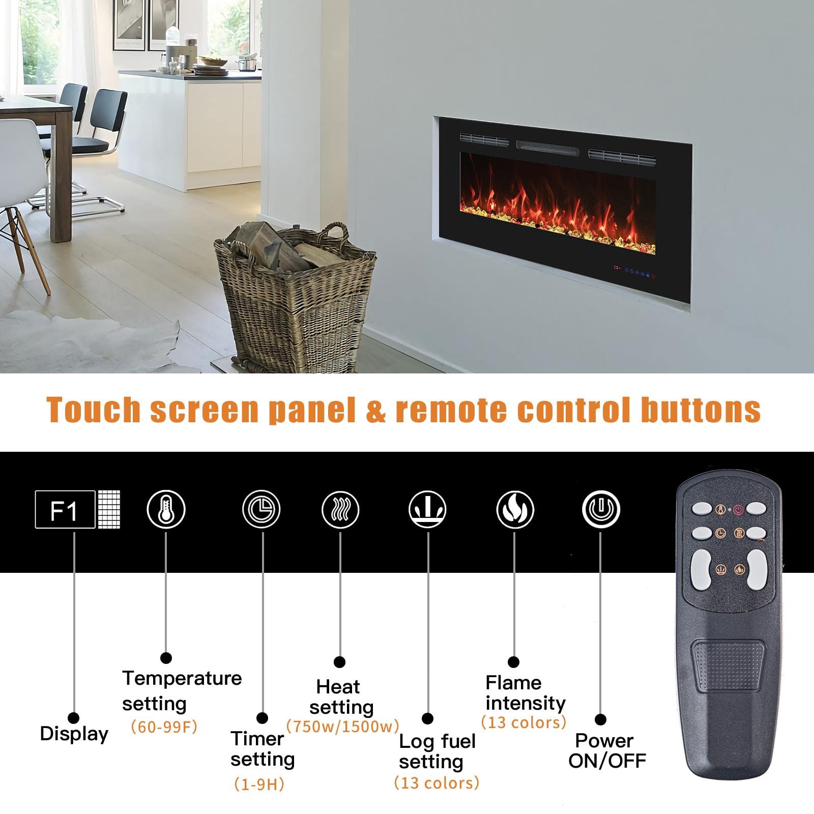 HEATLAND 36" Recessed Wall Mounted Electric Fireplace,Dual Control Remote and Touch Screen, Multiple Colors Adjustable ,750W/1500W Wide Recessed Fireplace Heater, Indoor Heater with Timer